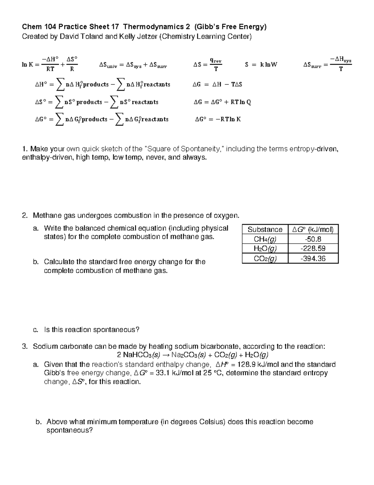 Chem 104 Practice Sheet 17 Thermodynamics 2 - Chem 104 Practice Sheet ...
