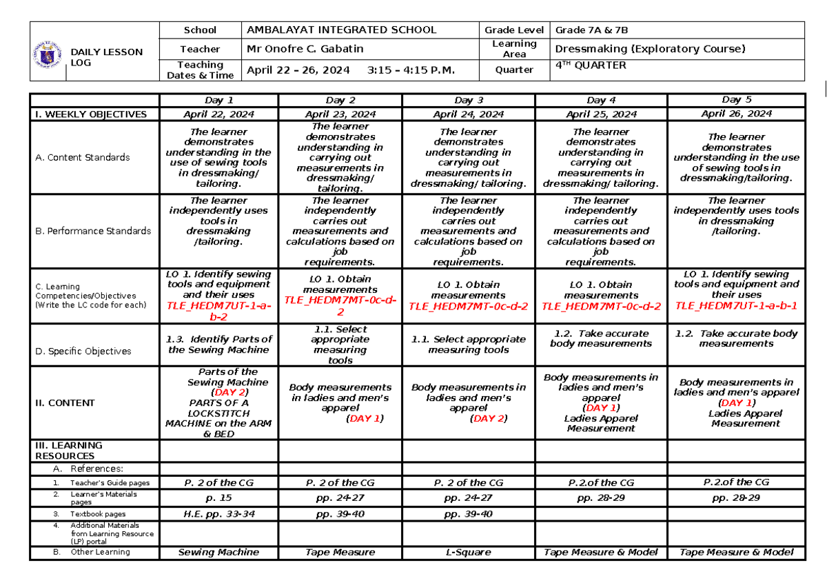475950496 TLE 7 Sample of DLL - DAILY LESSON LOG School AMBALAYAT ...