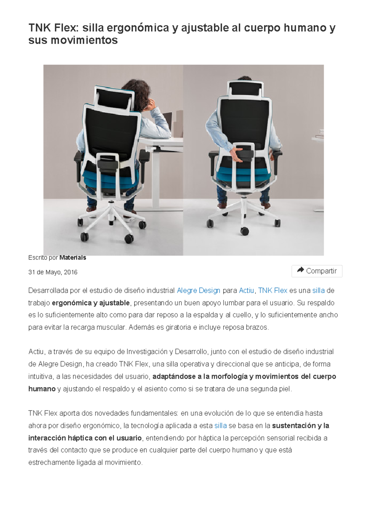 L2 TNK Flex silla ergonómica y ajustable al cuerpo humano y sus movimientos - Desarrollada por ...