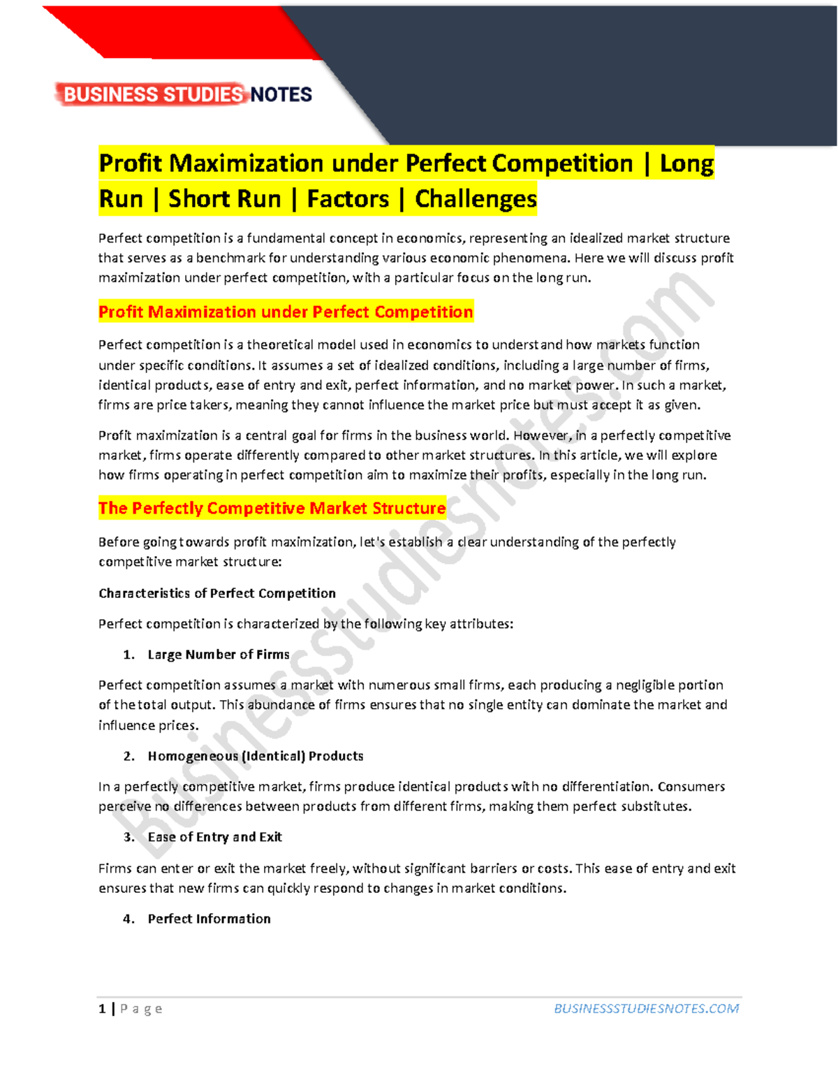 Profit Maximization under Perfect Competition Long Run Short Run ...