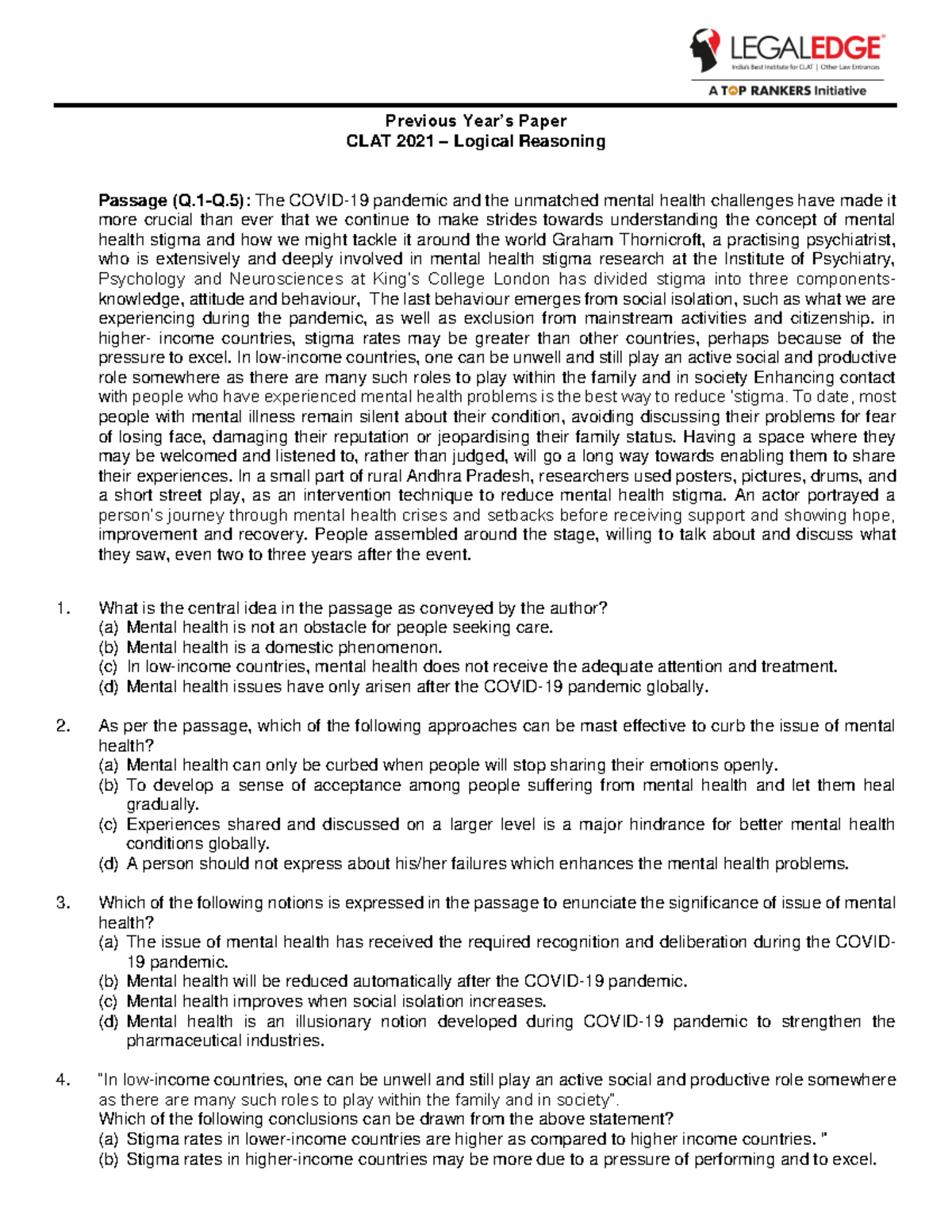 CLAT 2021 – Logical Reasoning (Q.1 to Q.5) - Previous Year’s Paper CLAT ...