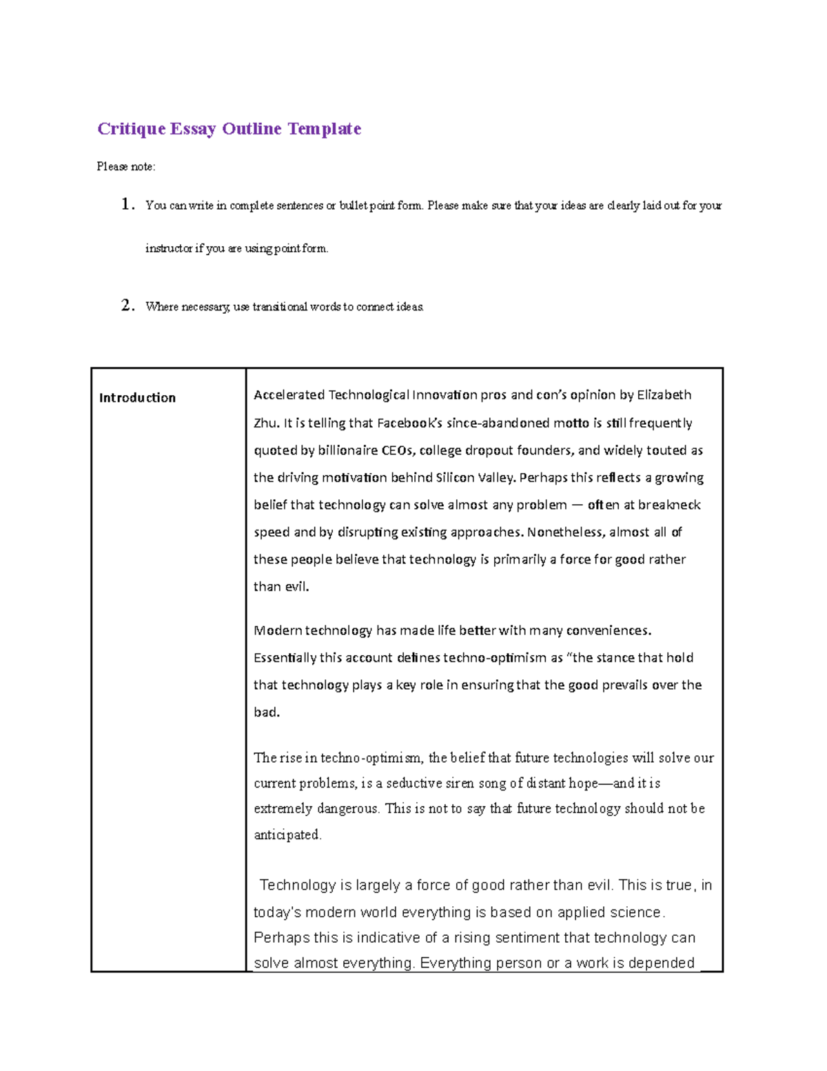 Draft AND Outline - very useful - Critique Essay Outline Template ...