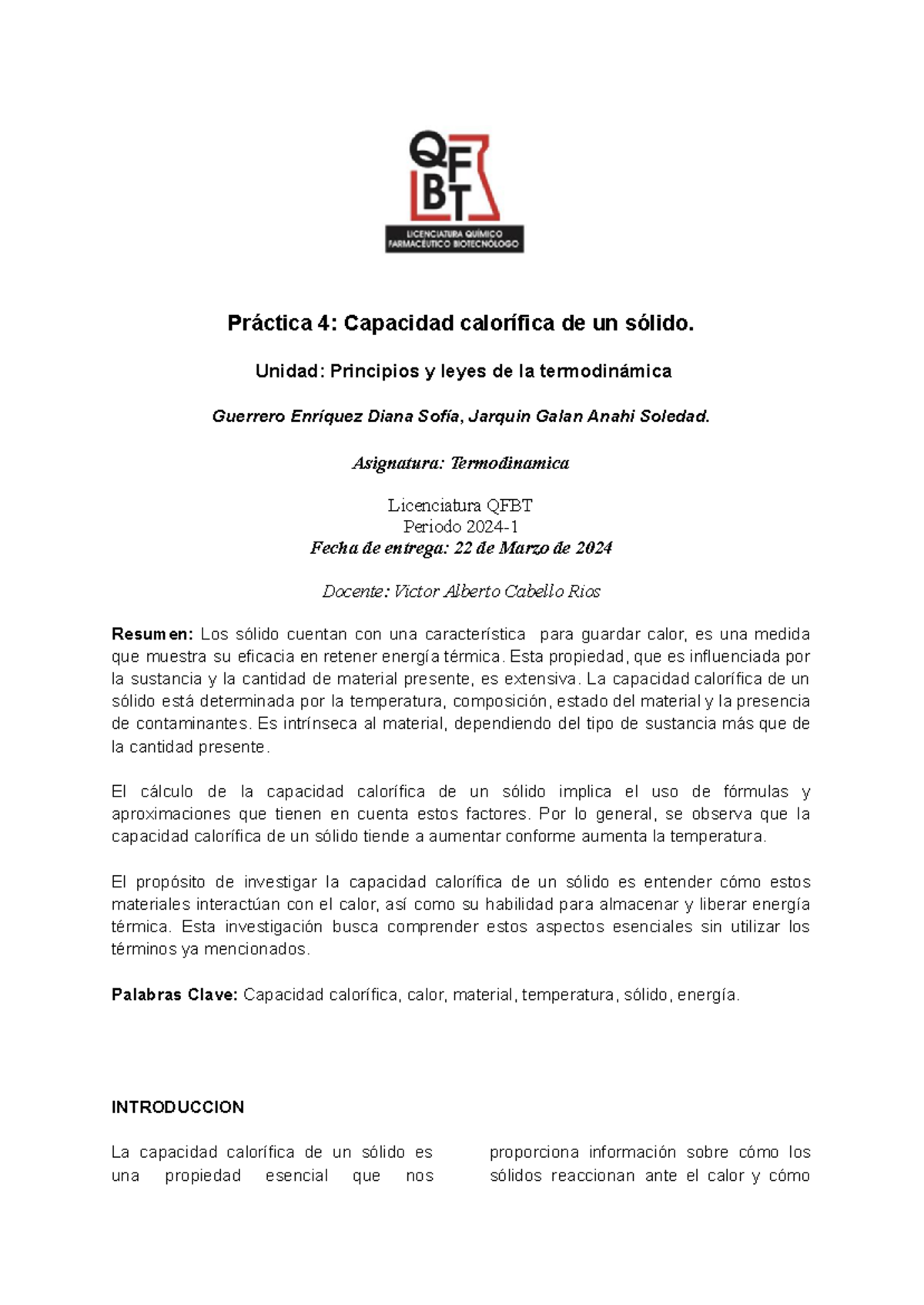 Práctica 4 Capacidad calorífica de un sólido - Unidad: Principios y ...