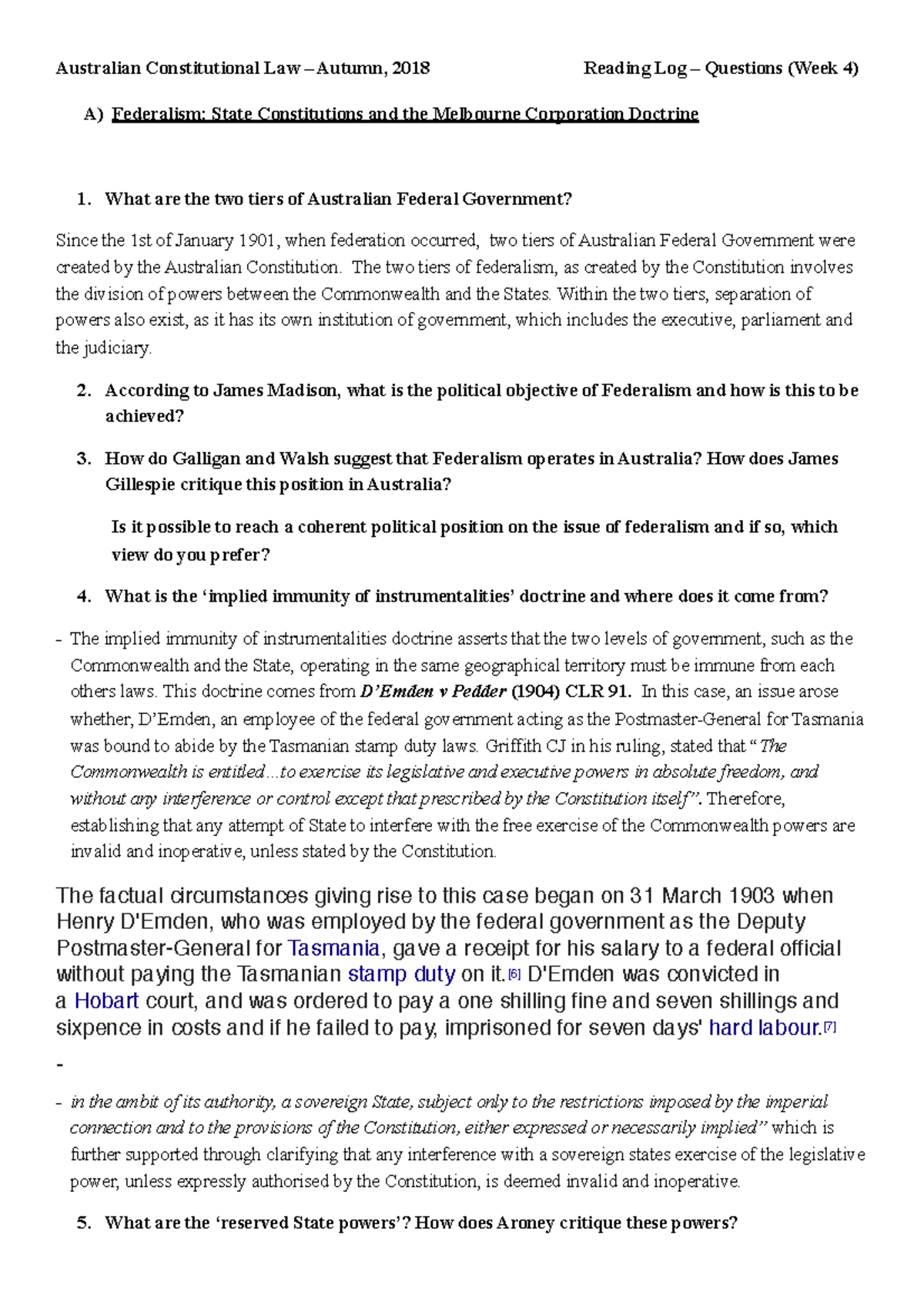 Reading Log Questions Week 4 upload - A)Federalism: State Constitutions ...
