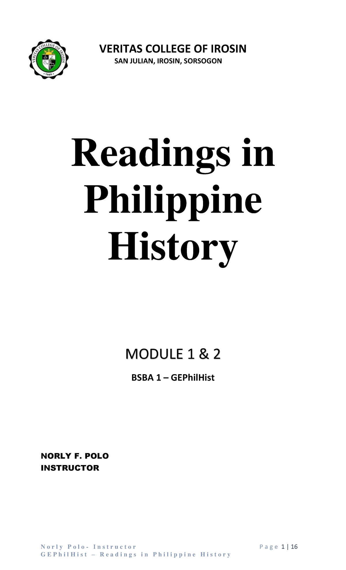 Module for GEPhil Hist Readings in Phil - N o r l y P o l o - I n s t r u c t o r P a g e 1 | 16 ...