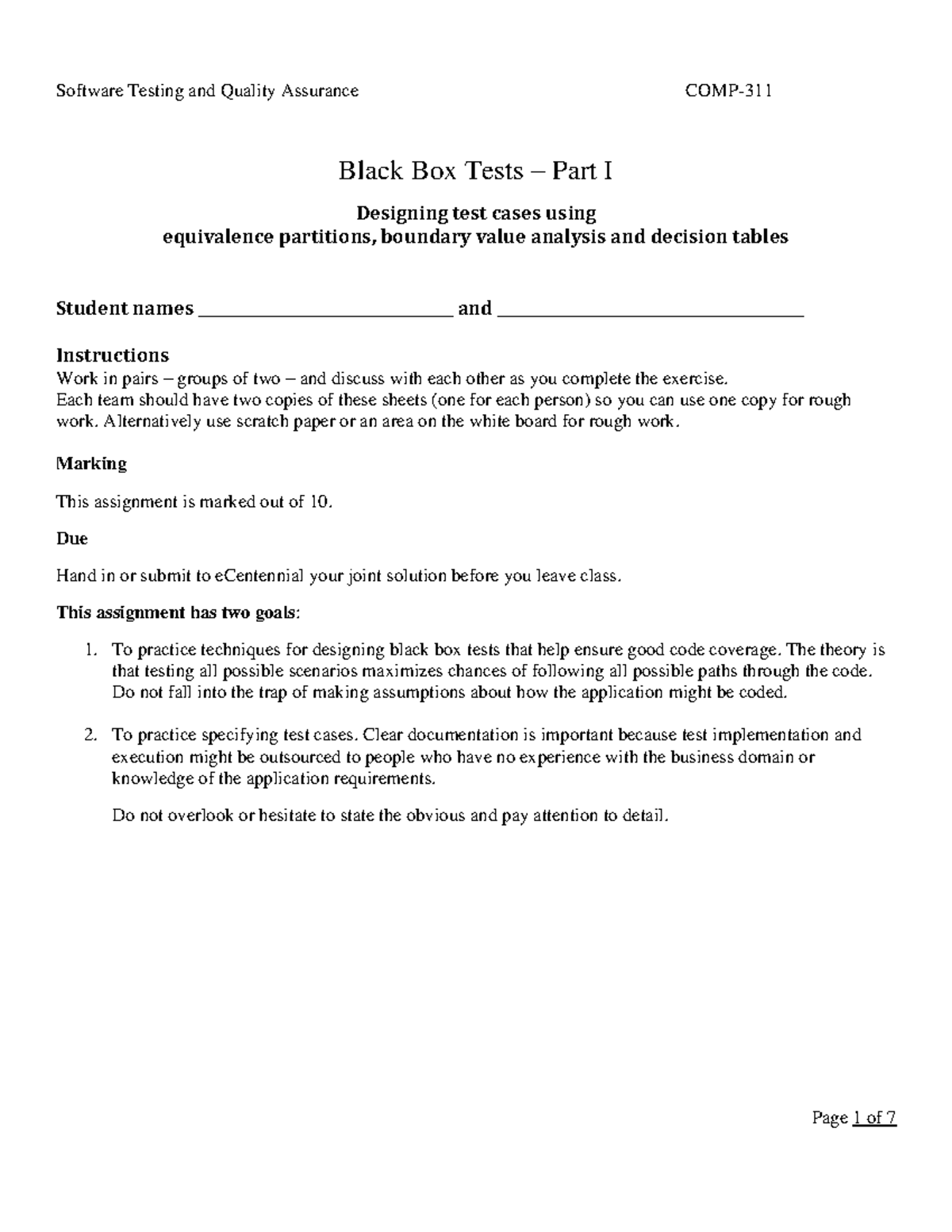 A7-Black Box Tests Part I - Black Box Tests – Part I Designing test ...