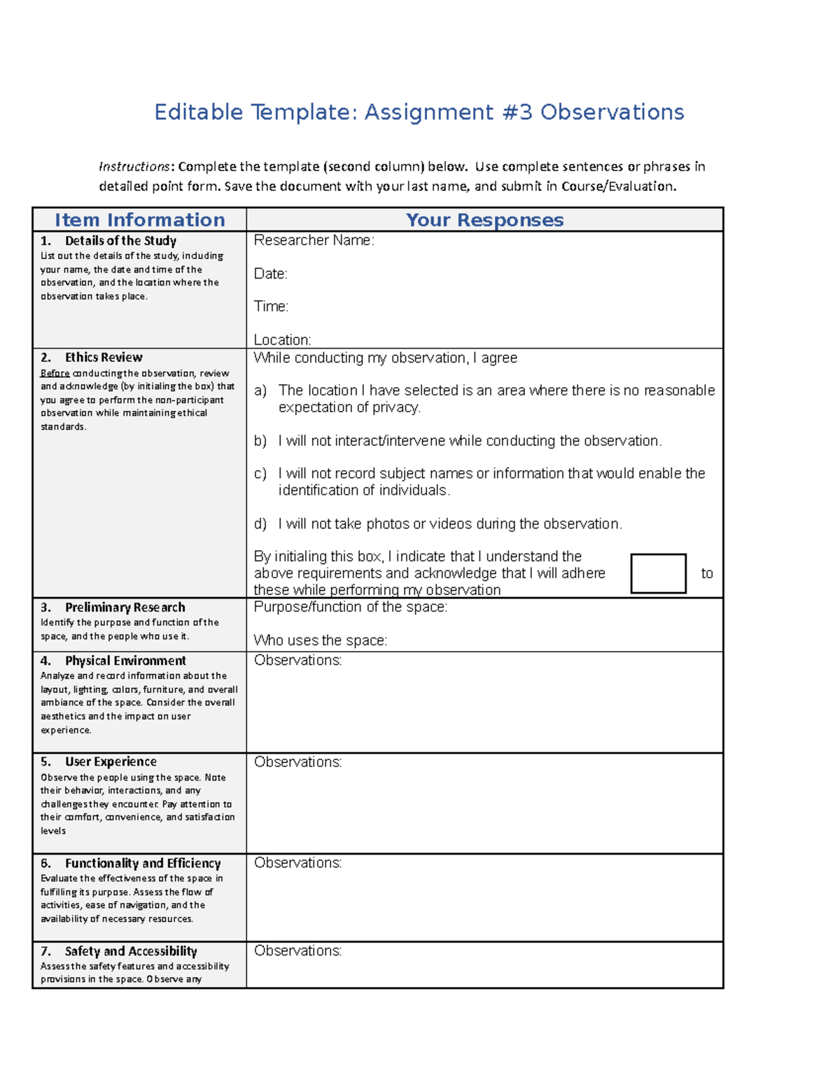 Assignment #3 Template - Editable Template: Assignment #3 Observations ...