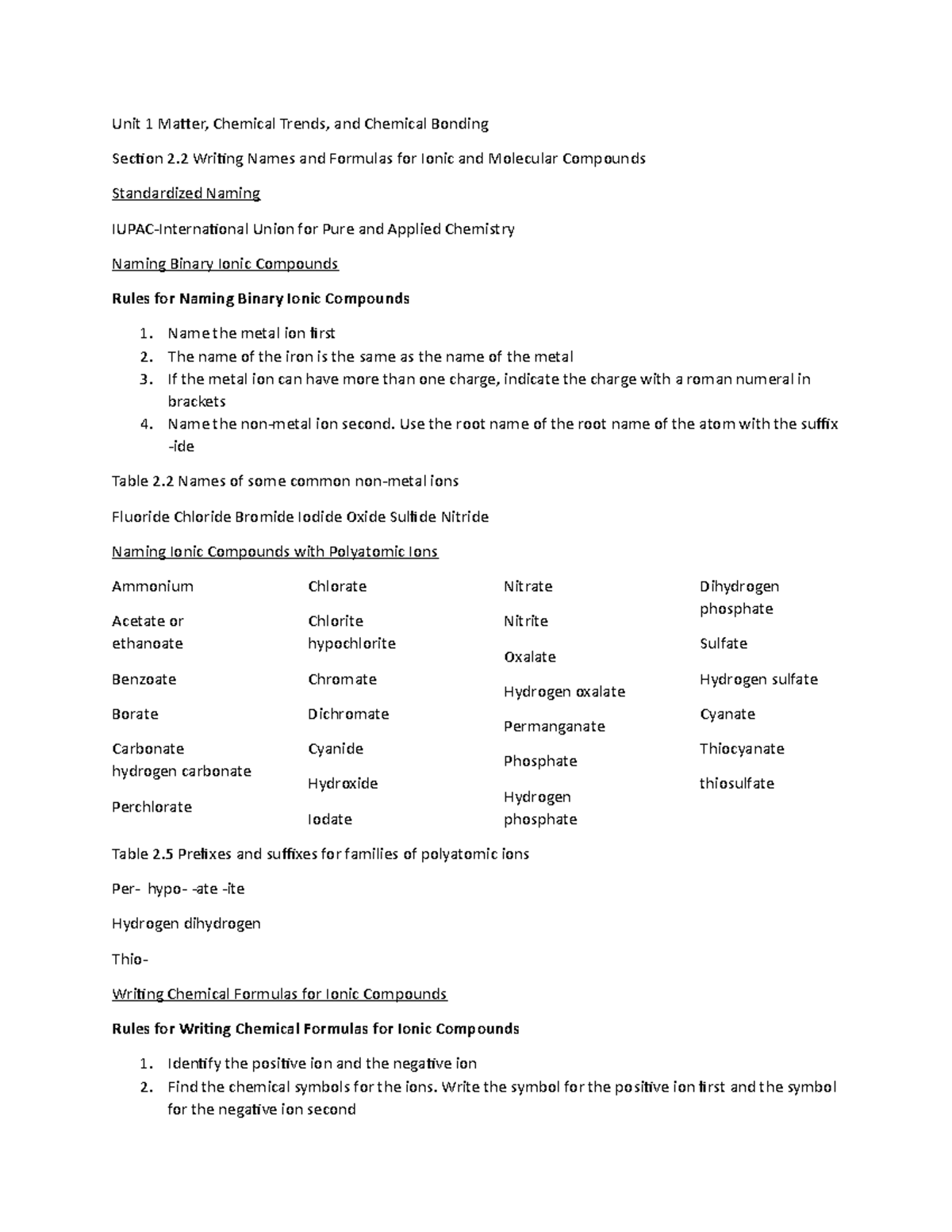 SCH3U Ch2 - chapter notes - Unit 1 Mater, Chemical Trends, and Chemical ...