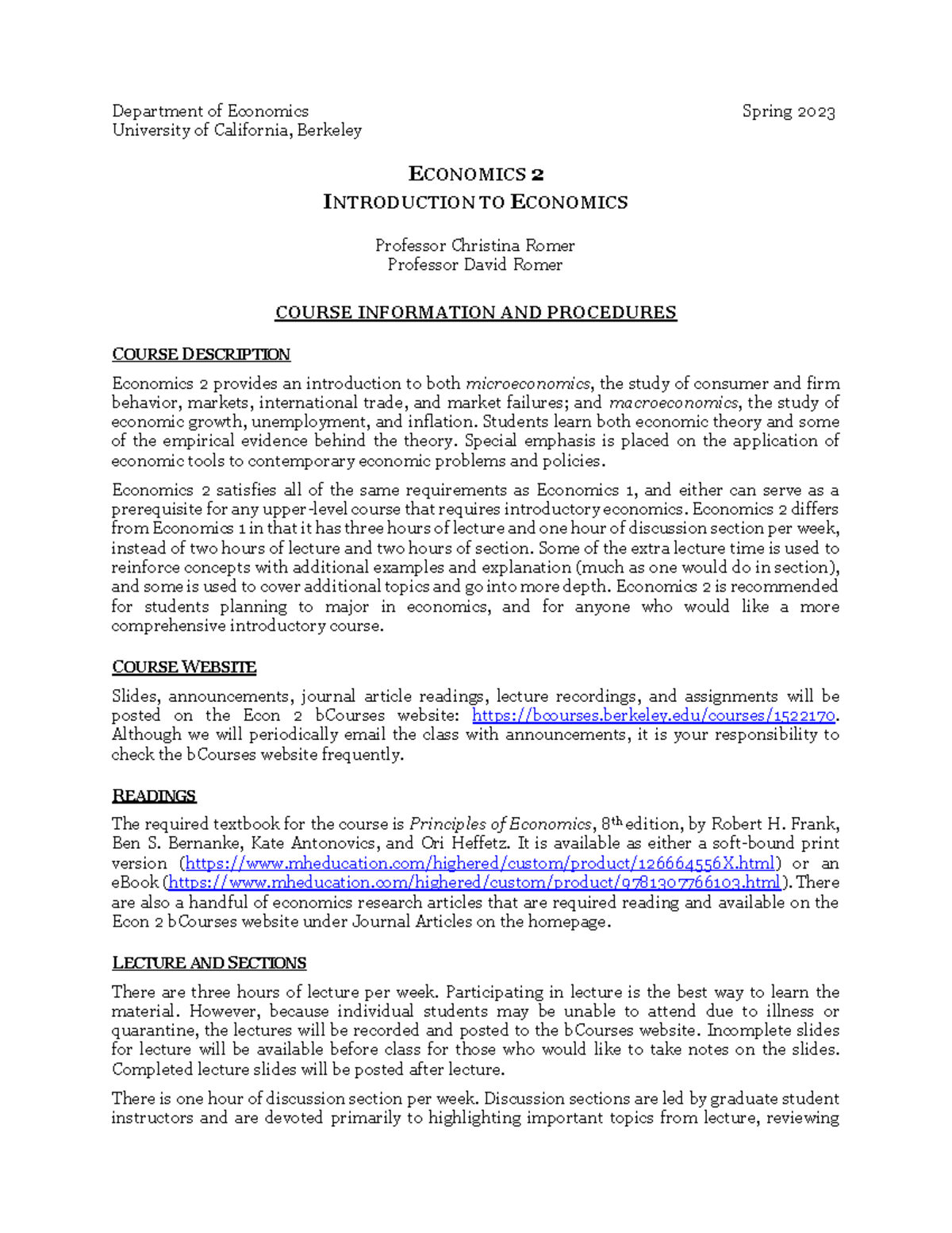 Economics 2 Syllabus S2023 - Department of Economics Spring 2023 ...