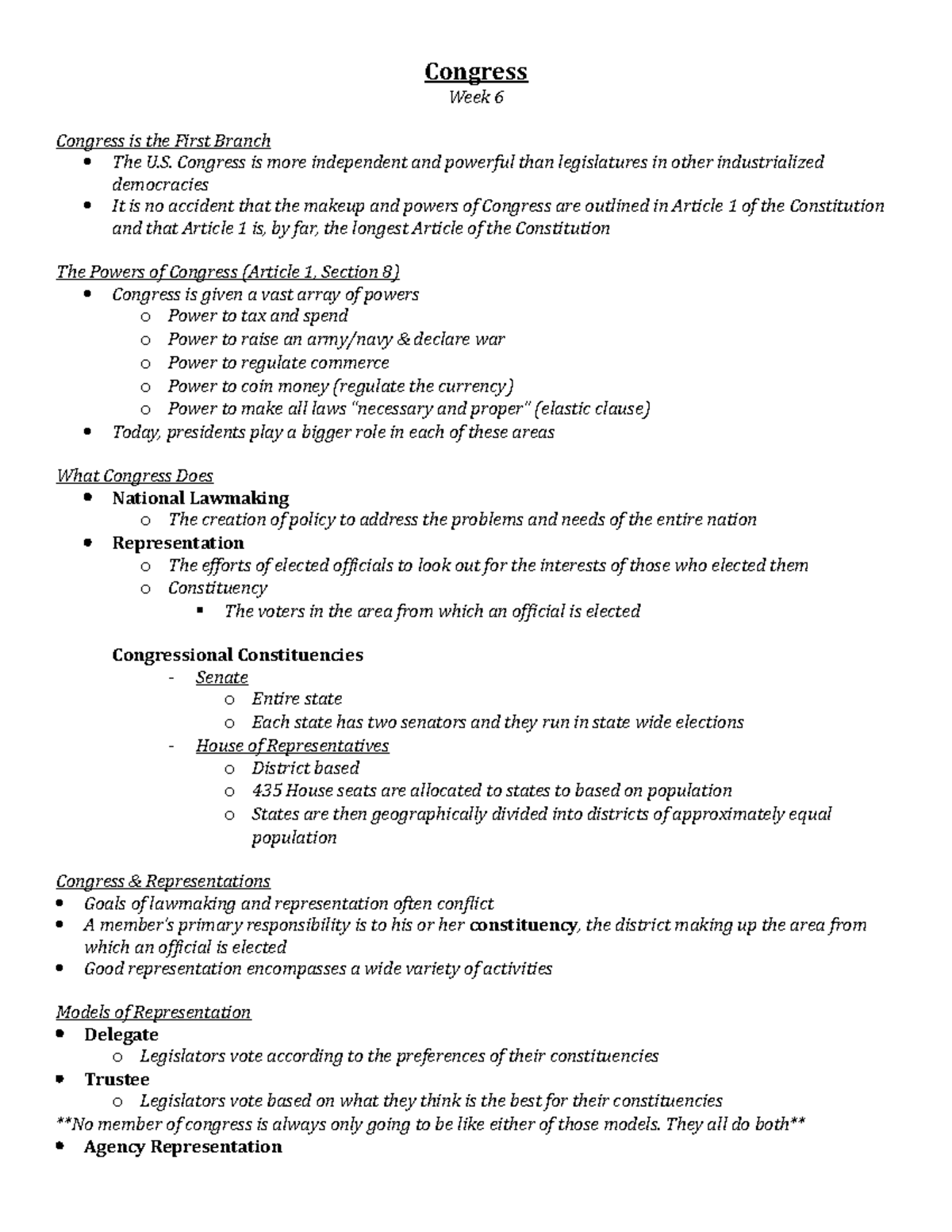 Congress - Lecture notes 5 - Congress Week 6 Congress is the First ...