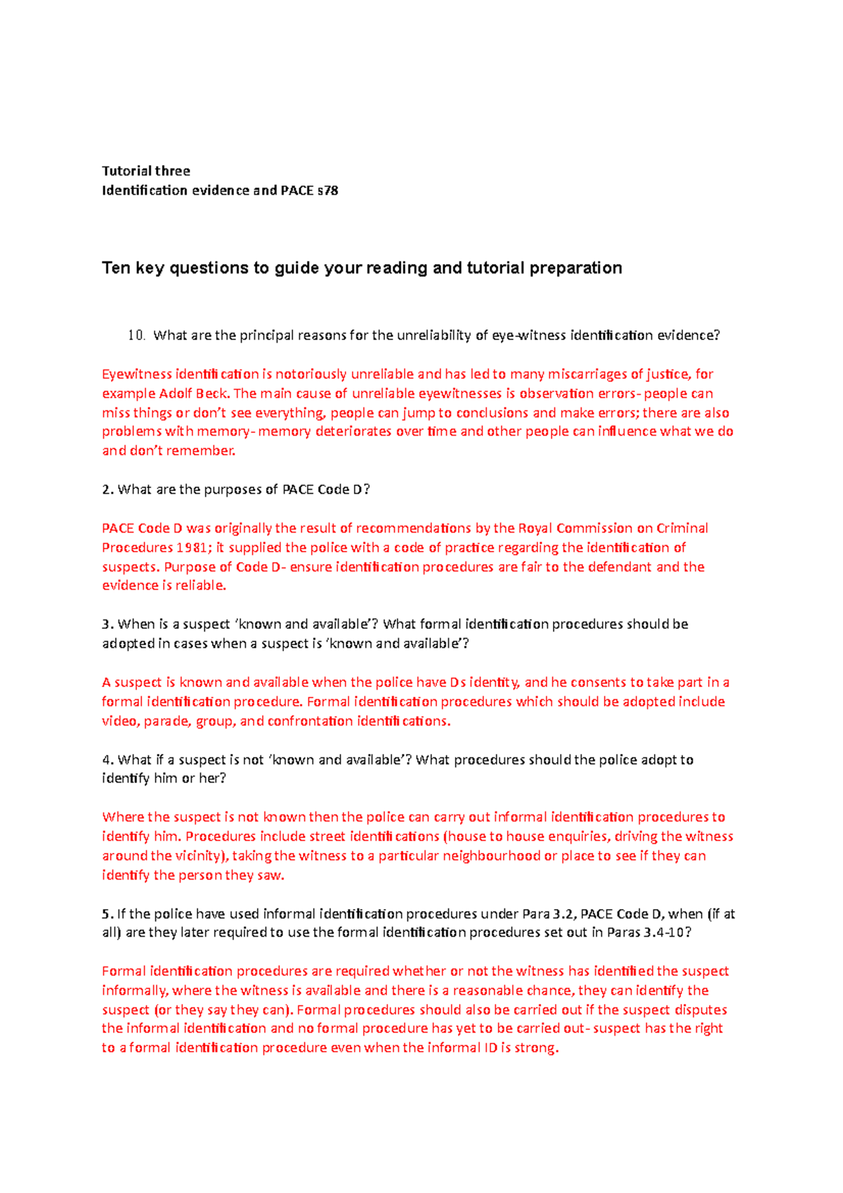 Tutorial three Identification evidence and PACE s78 - Studocu