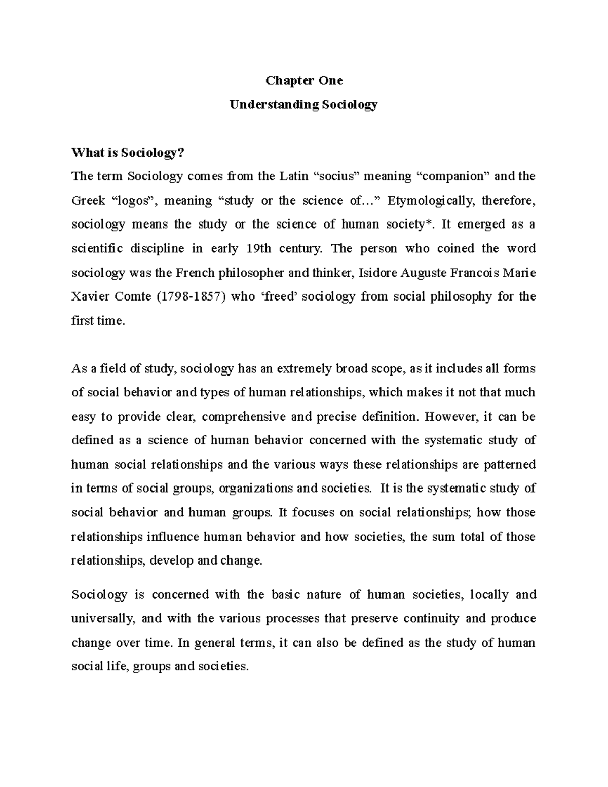 Introduction to sociology Handout AT - Chapter One Understanding ...