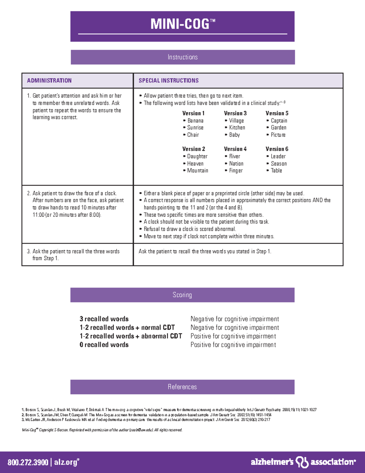 Minicog - Mini COg - 800.272 | alz ® MINI-COG TM Instructions ADMINISTRATION SPECIAL ...