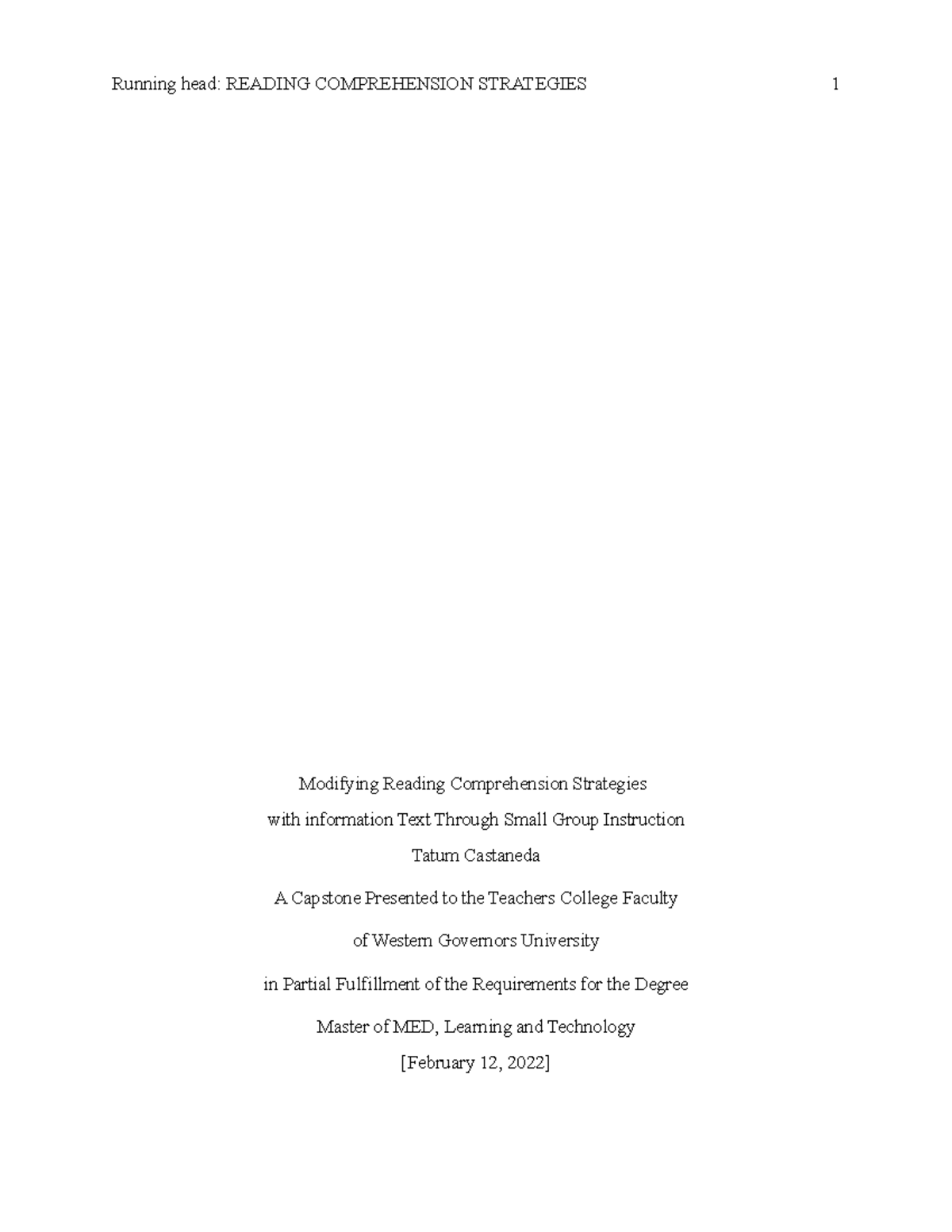 Capstone task3 performance assessment passed - Running head: READING ...