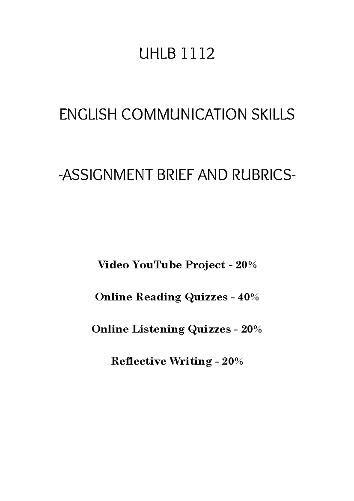 UHLB 1112 Assignment Brief AND Rubrics revised 08082022 - UHLB 1112 ...