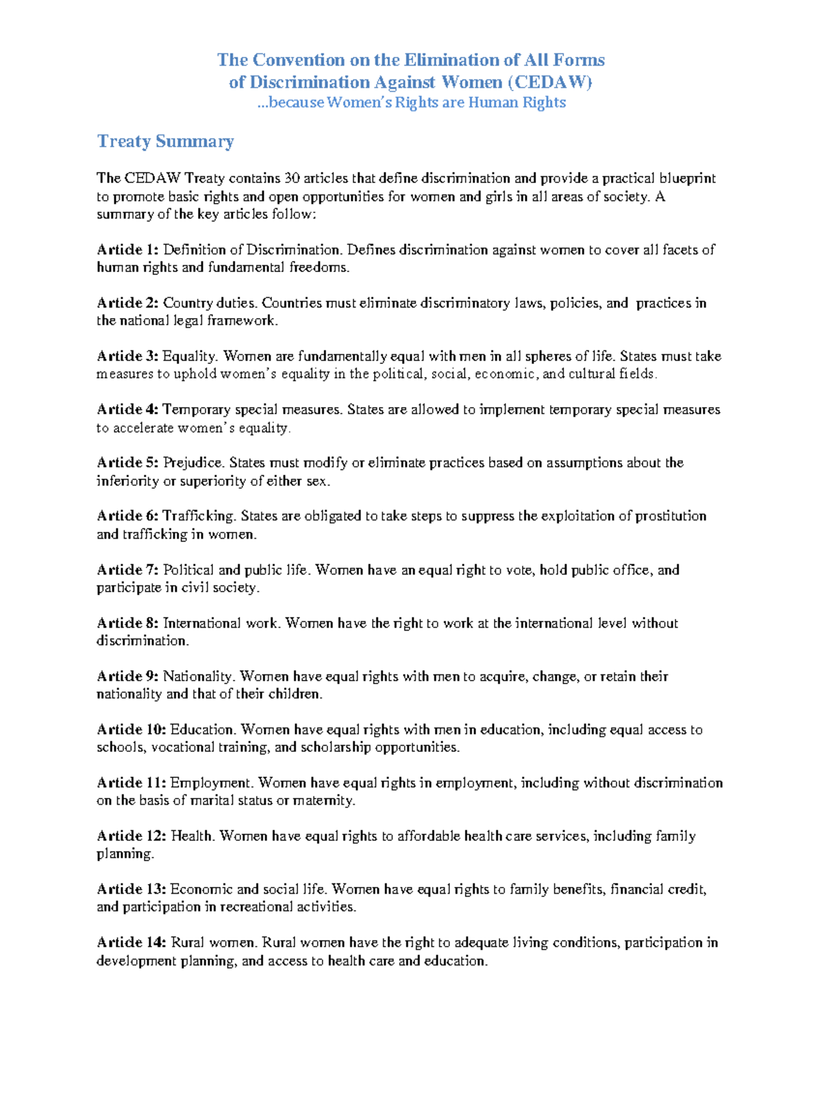 Cedaw treaty Summary - The Convention on the Elimination of All Forms ...