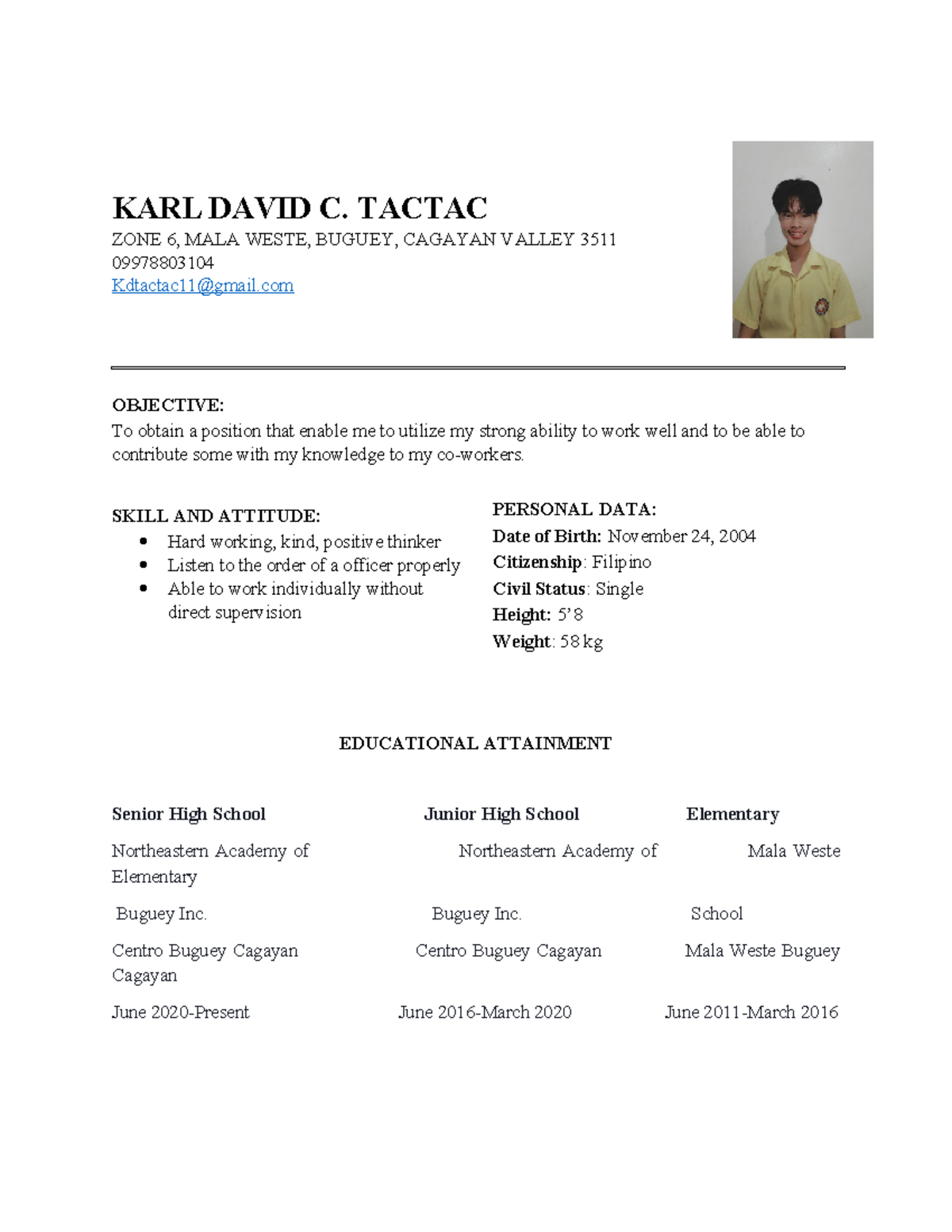 KARL- David-C - KARL DAVID C. TACTAC ZONE 6, MALA WESTE, BUGUEY ...