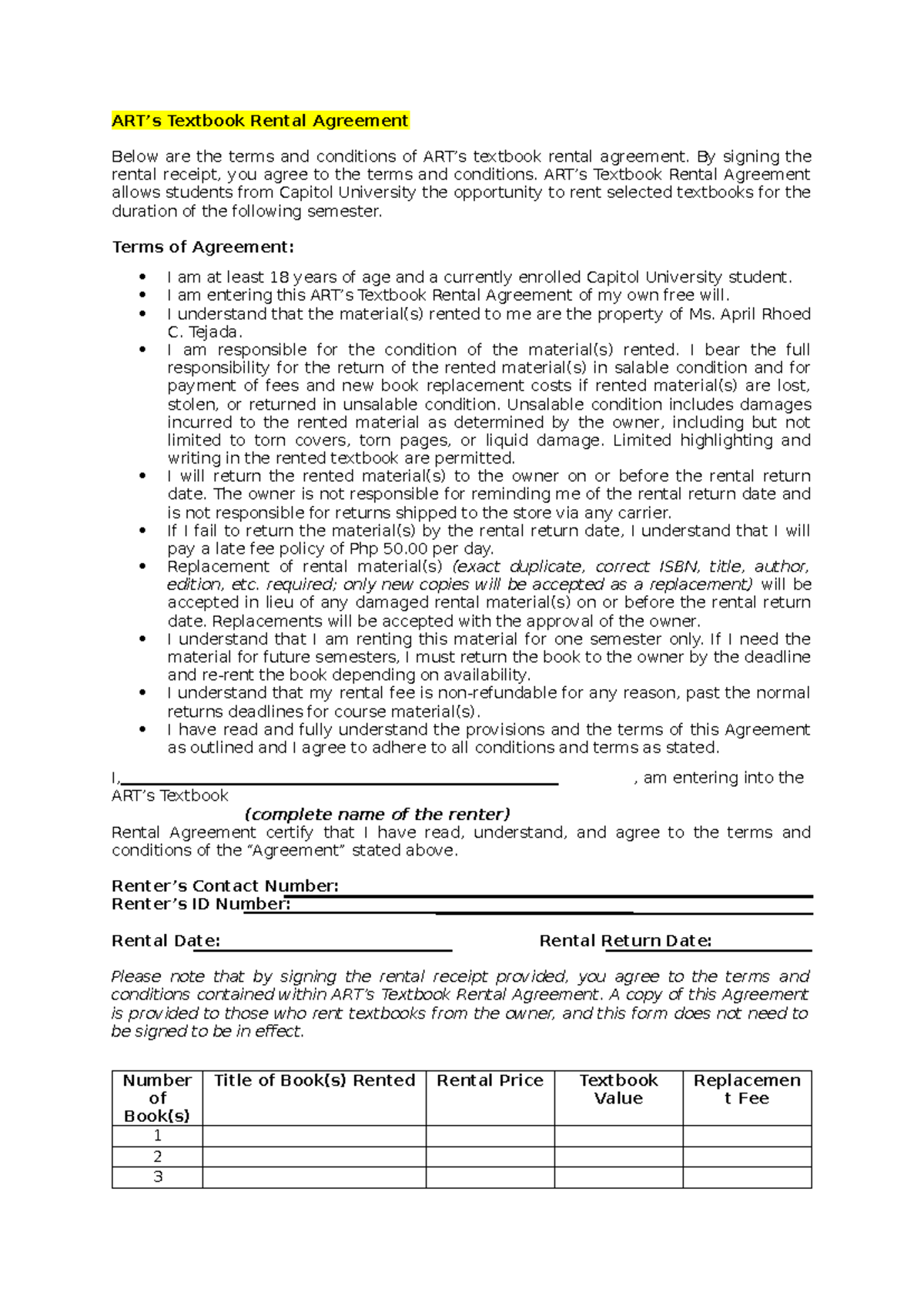 ART’s Textbook Rental Agreement - By signing the rental receipt, you ...