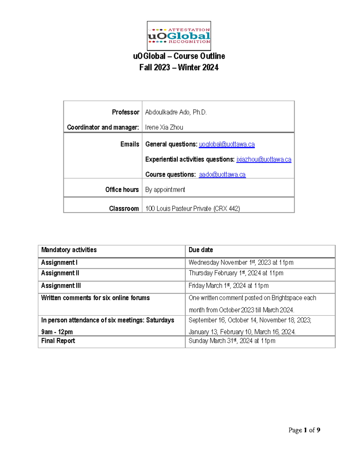Global course outline 2023-2024 - uOGlobal – Course Outline Fall 202 3 ...