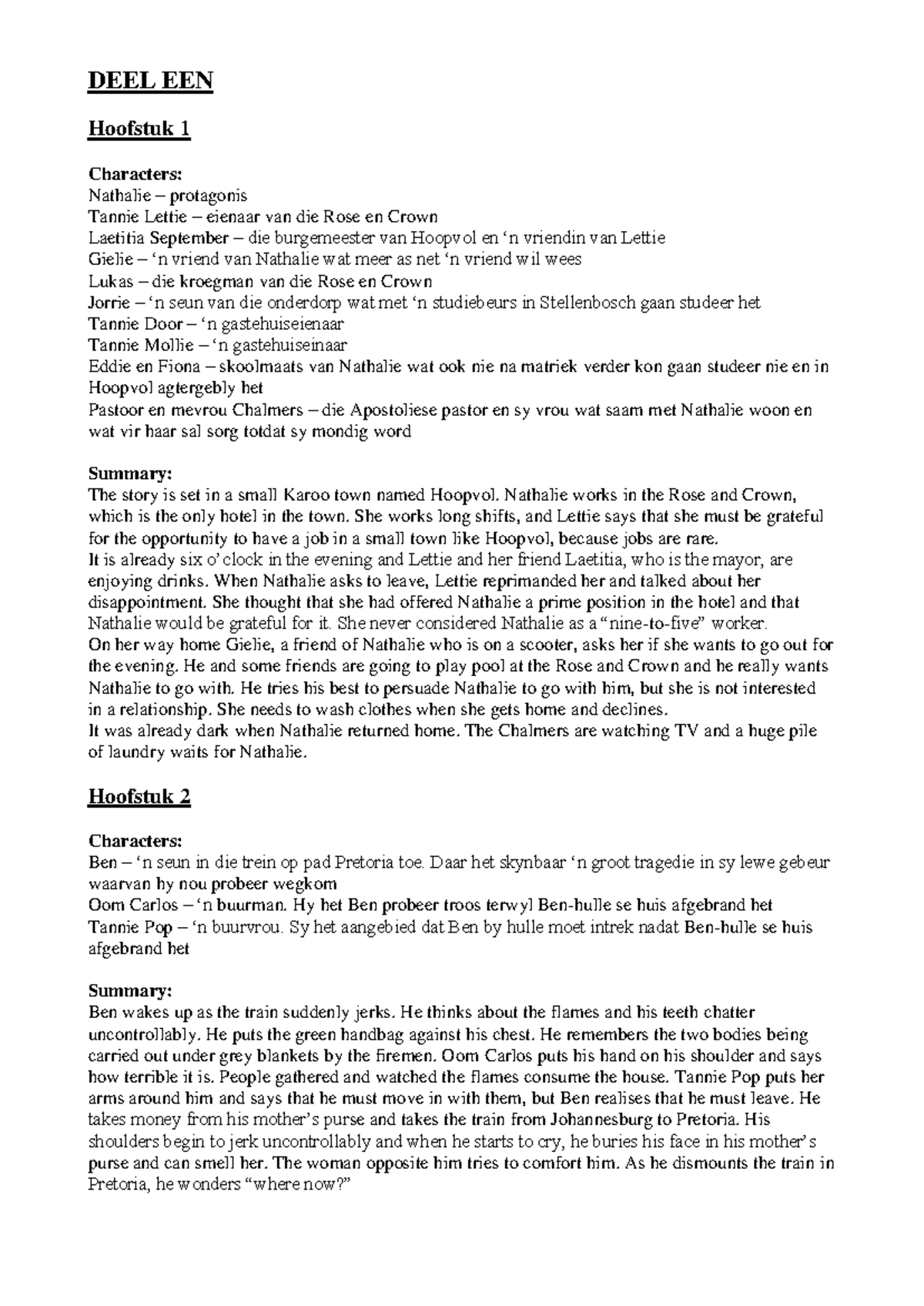 Hoopvol Summary - DEEL EEN Hoofstuk 1 Characters: Nathalie – protagonis ...