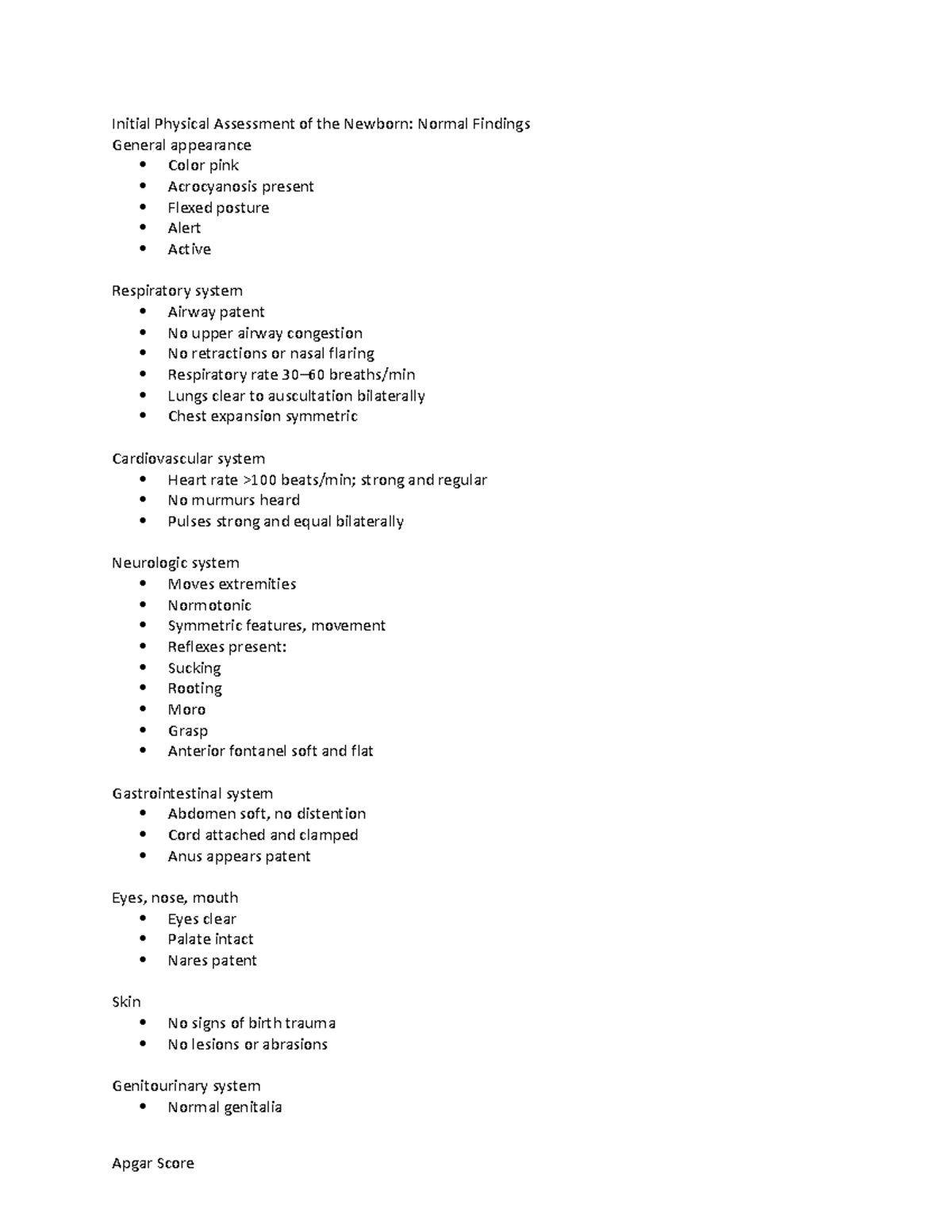OB Peds sim cheat sheet - Initial Physical Assessment of the Newborn ...