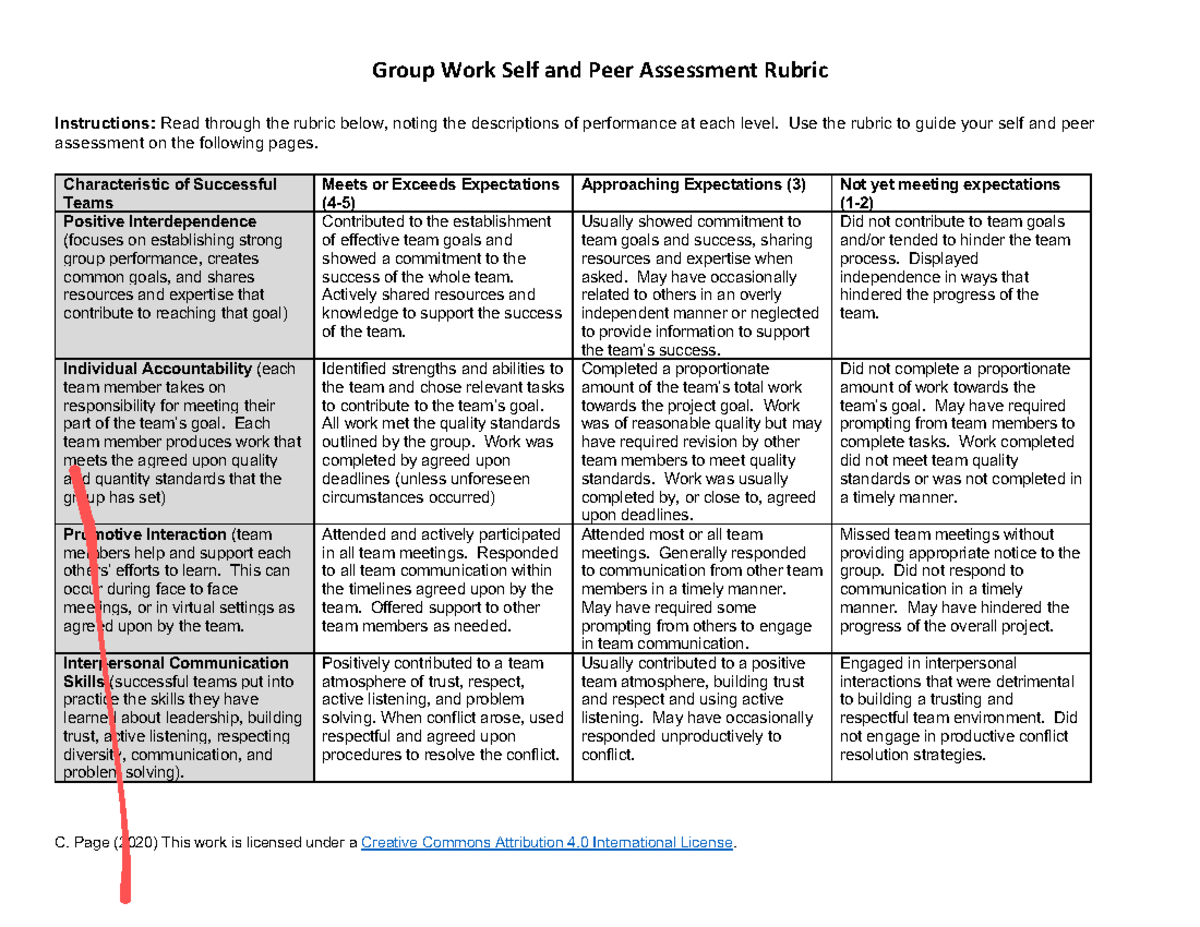 Group Work Self and Peer Assessment Rubric and Form - C. Page (2020 ...