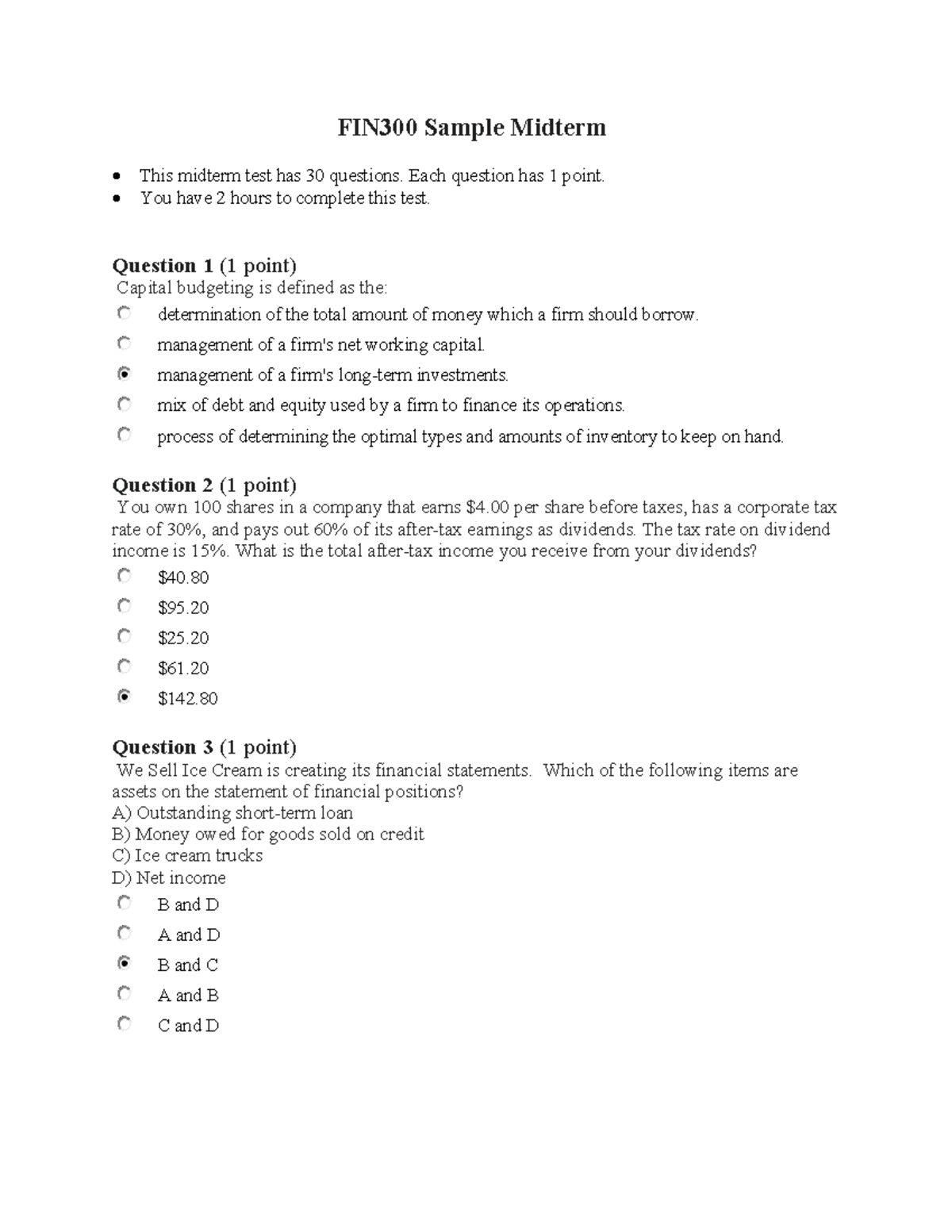 FIN300 Sample Midterm - FIN300 Sample Midterm This midterm test has 30 ...