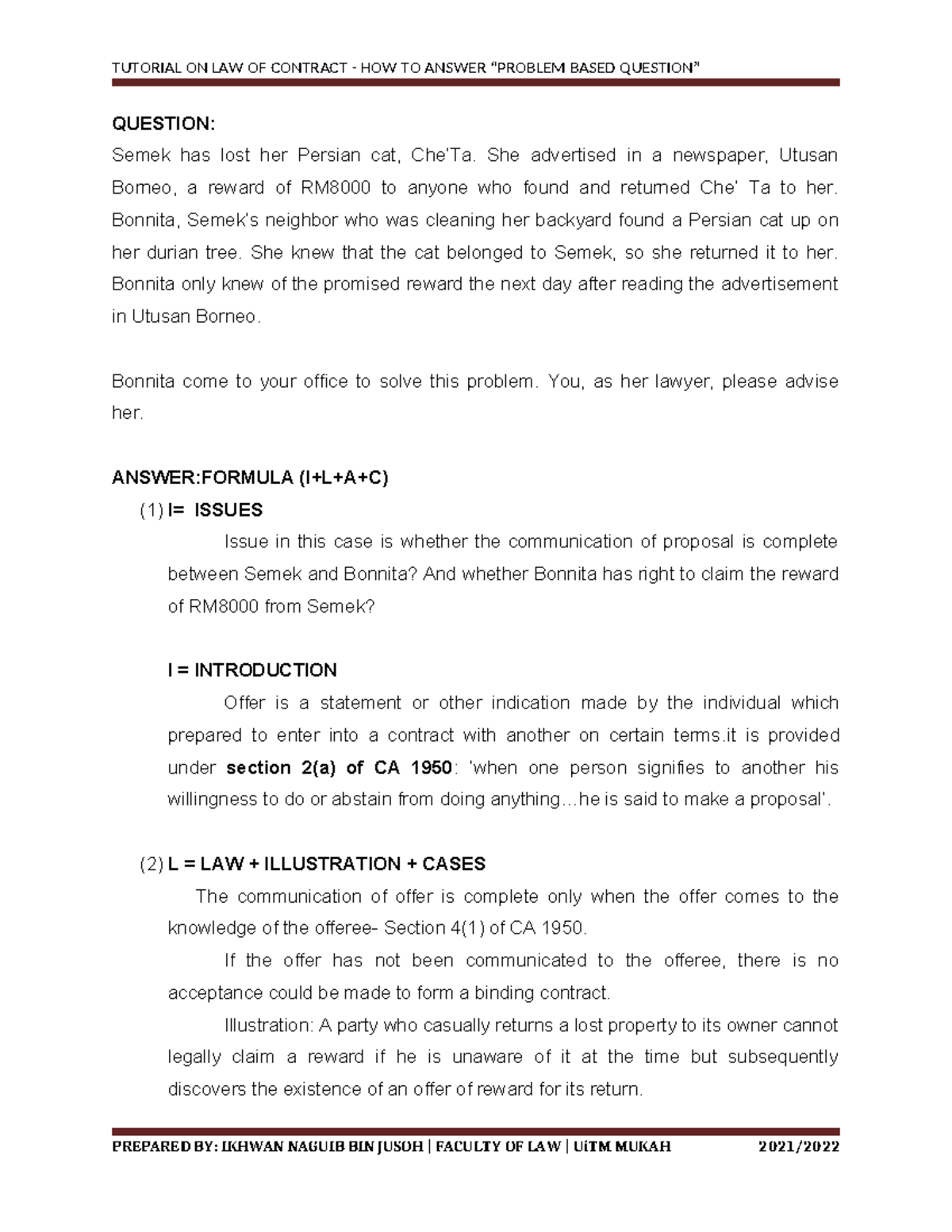 HOW TO Answer Problem Based Question - TUTORIAL ON LAW OF CONTRACT ...