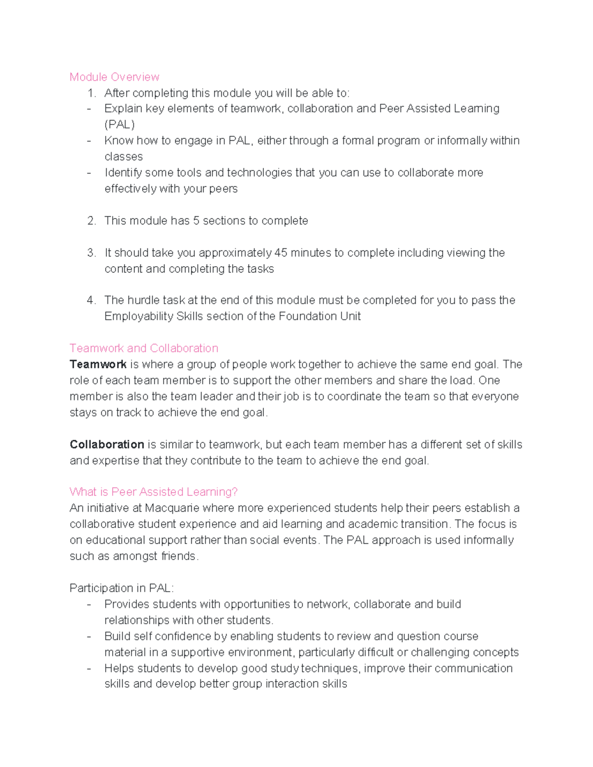 Collaborator Hurdle Task- PAL - Module Overview 1. After completing ...
