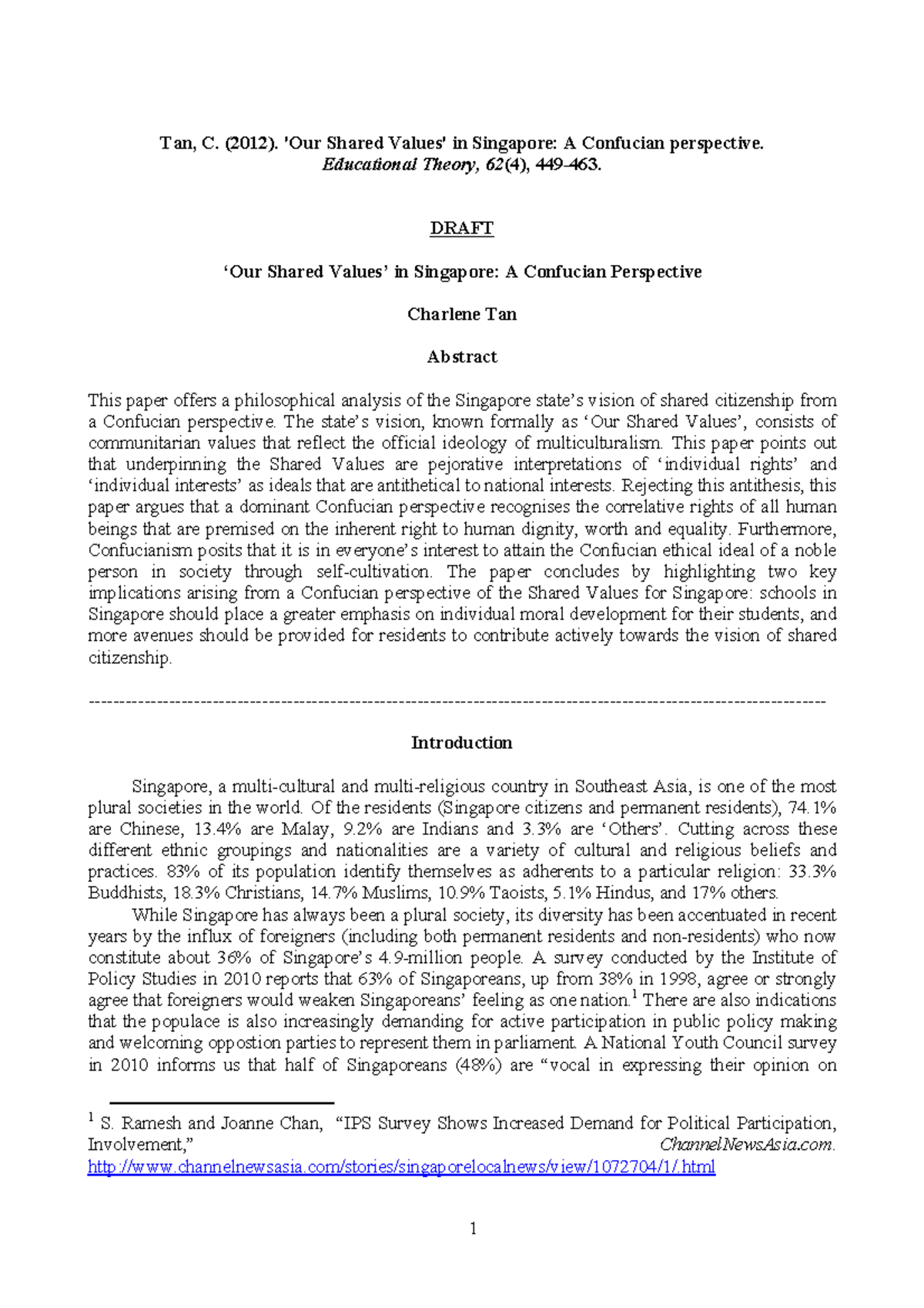 Our Shared Values in Singapore A Confucian Persp - Tan, C. (2012). 'Our ...