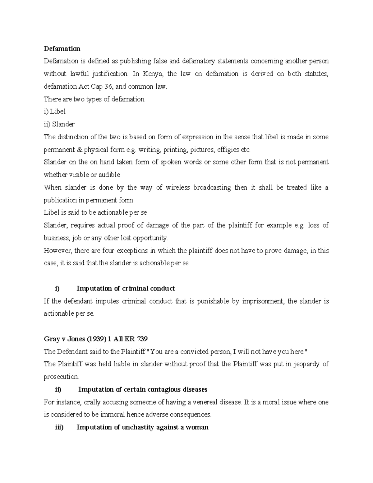 Defamation (1) - Tort Law notes - Defamation Defamation is defined as ...