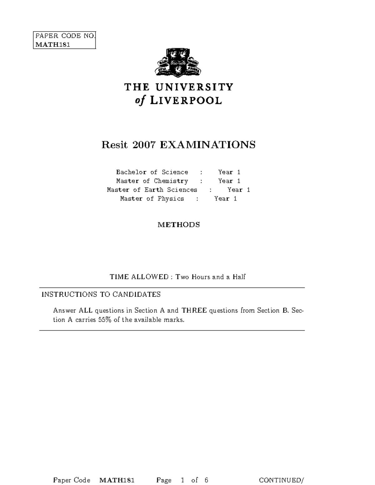 Exam September 2007, questions - PAPER CODE NO. MATH Resit 2007 ...