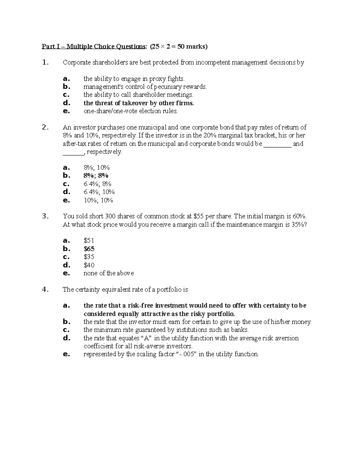 FNCE401v8 sample questions 1 KEY - Part I – Multiple Choice Questions: (25 × 2 = 50 marks ...