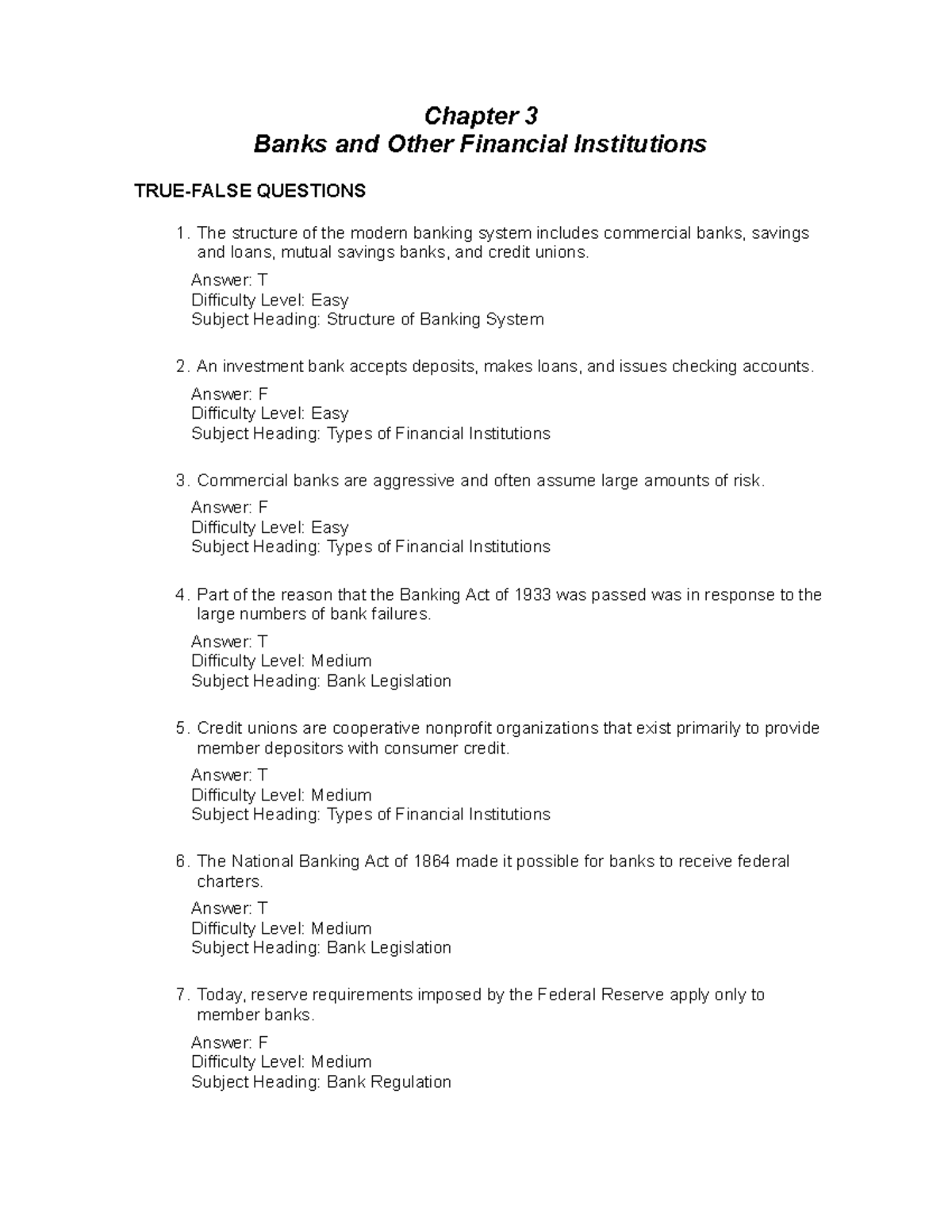 Ch03 - ITF Exam answers - Chapter 3 Banks and Other Financial Institutions TRUE-FALSE QUESTIONS ...