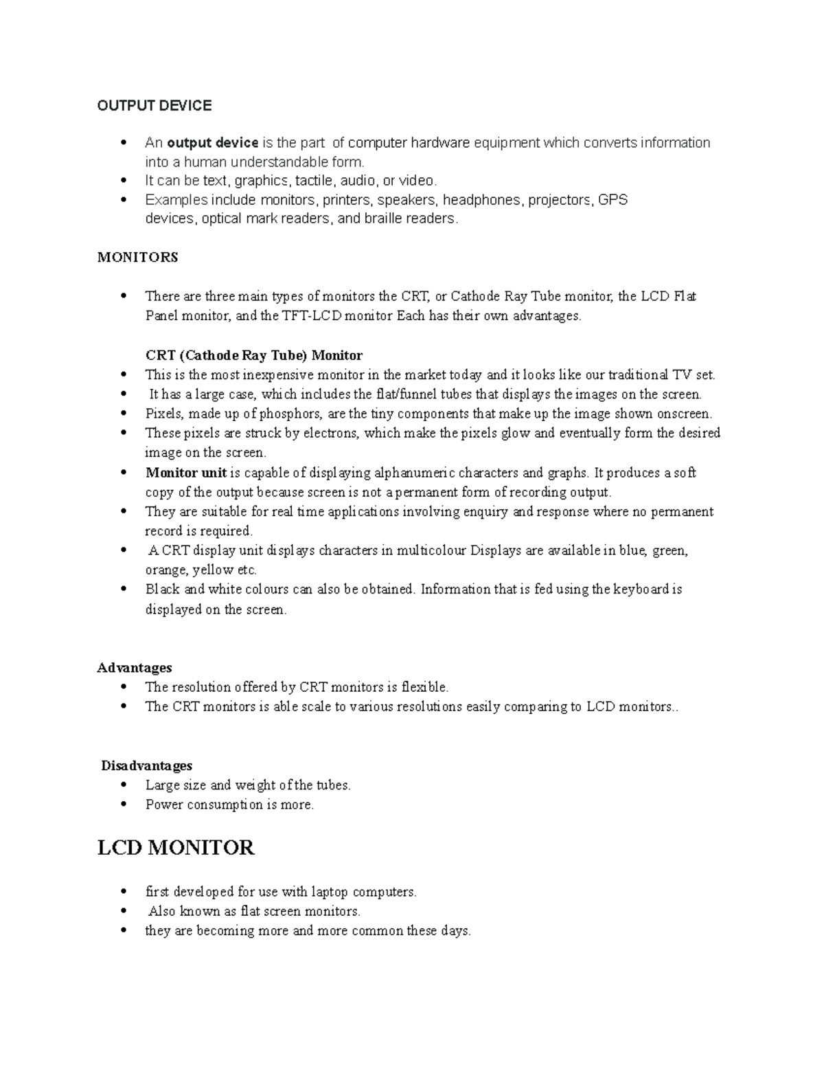Output devices - Notes on Java, BSc computer science - OUTPUT DEVICE An ...