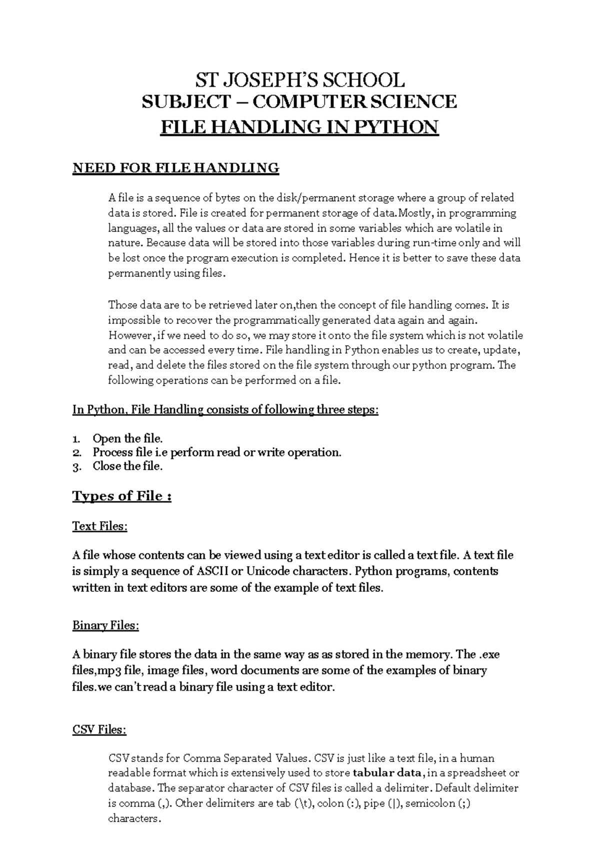 File Handling In Python Notes Final St Josephs School Subject Computer Science File