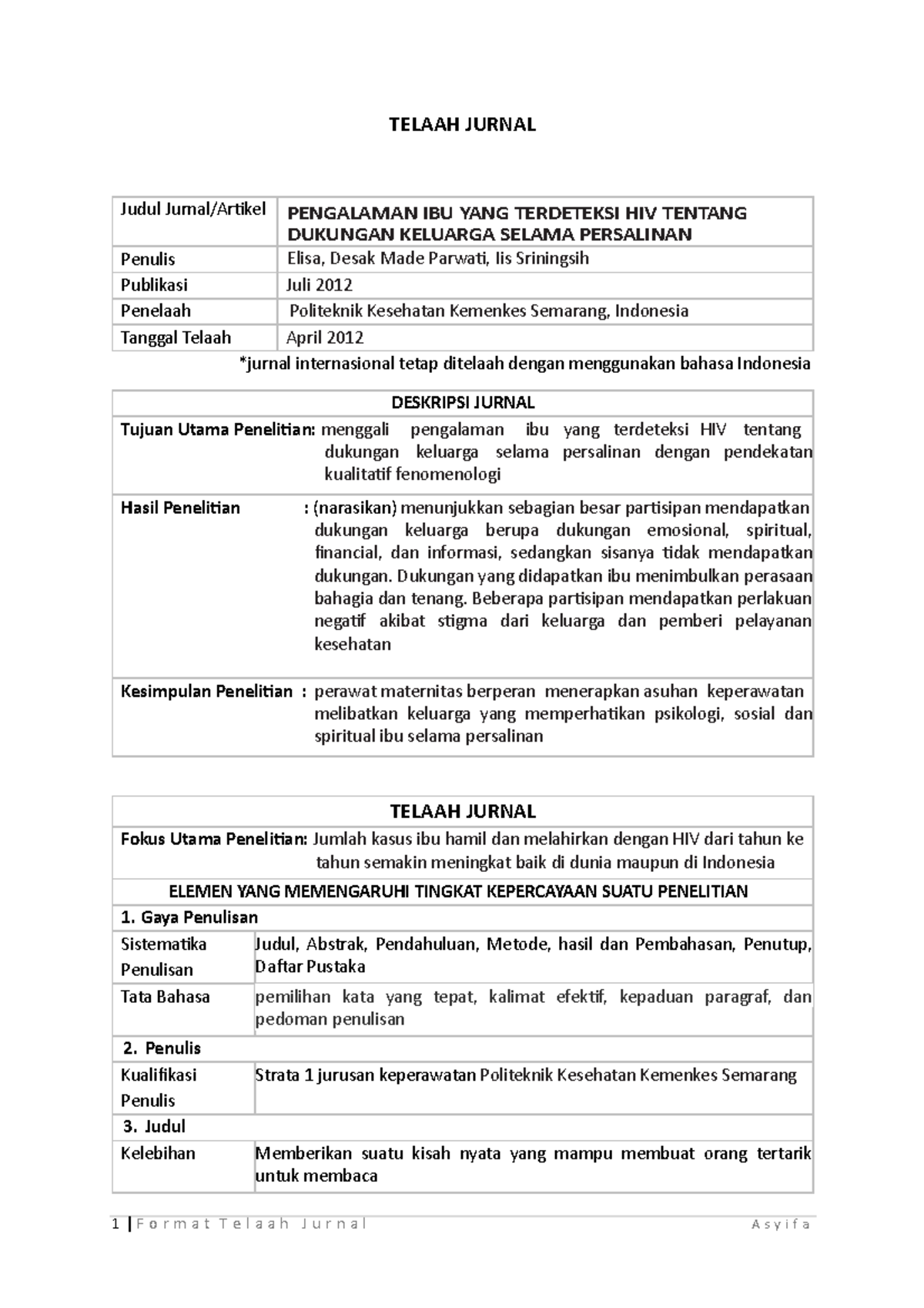 Format Telaah Jurnal YENI Marlena - 1 | F o r m a t T e l a a h J u r n ...