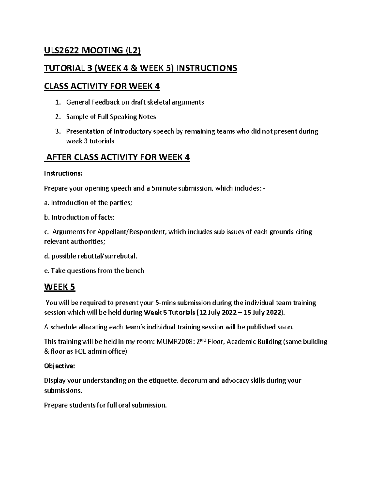 Tutorial 3 Instructions - ULS2622 MOOTING (L2) TUTORIAL 3 (WEEK 4 & WEEK 5) INSTRUCTIONS CLASS ...