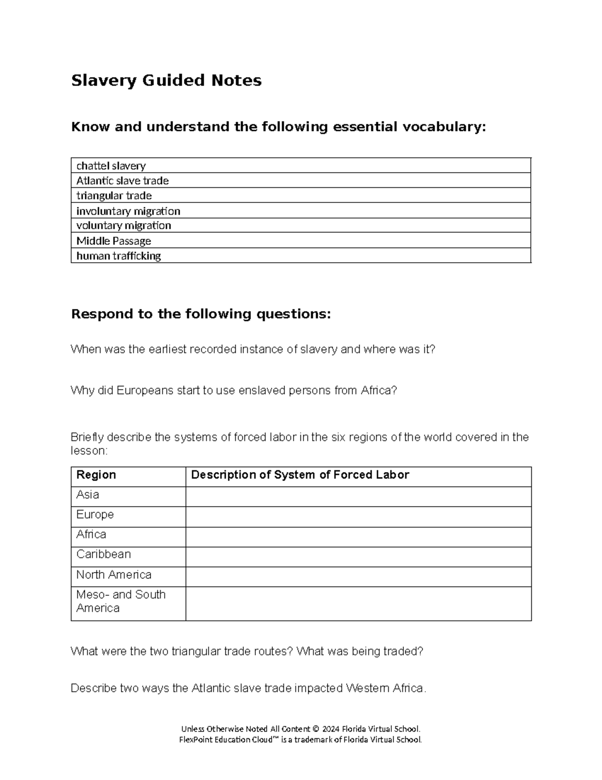 Slavery guided notes - Study quide - Slavery Guided Notes Know and ...