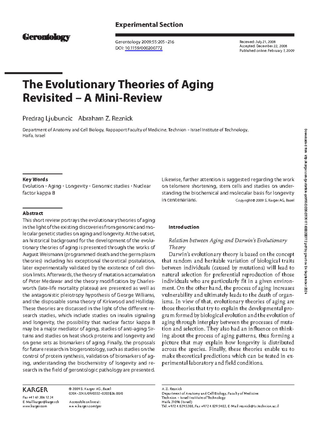Evolutionary theories of aging mini-review - Gerontology 2009 - Fax +41 61 306 12 34 E-Mail ...
