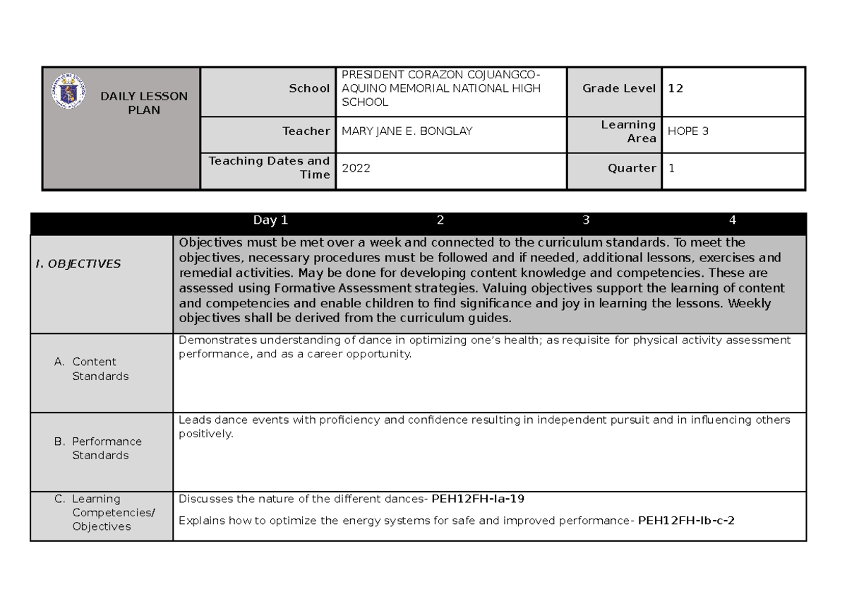 HOPE-3 WEEK-4 - DLL WEEK 4 - DAILY LESSON PLAN School PRESIDENT CORAZON ...