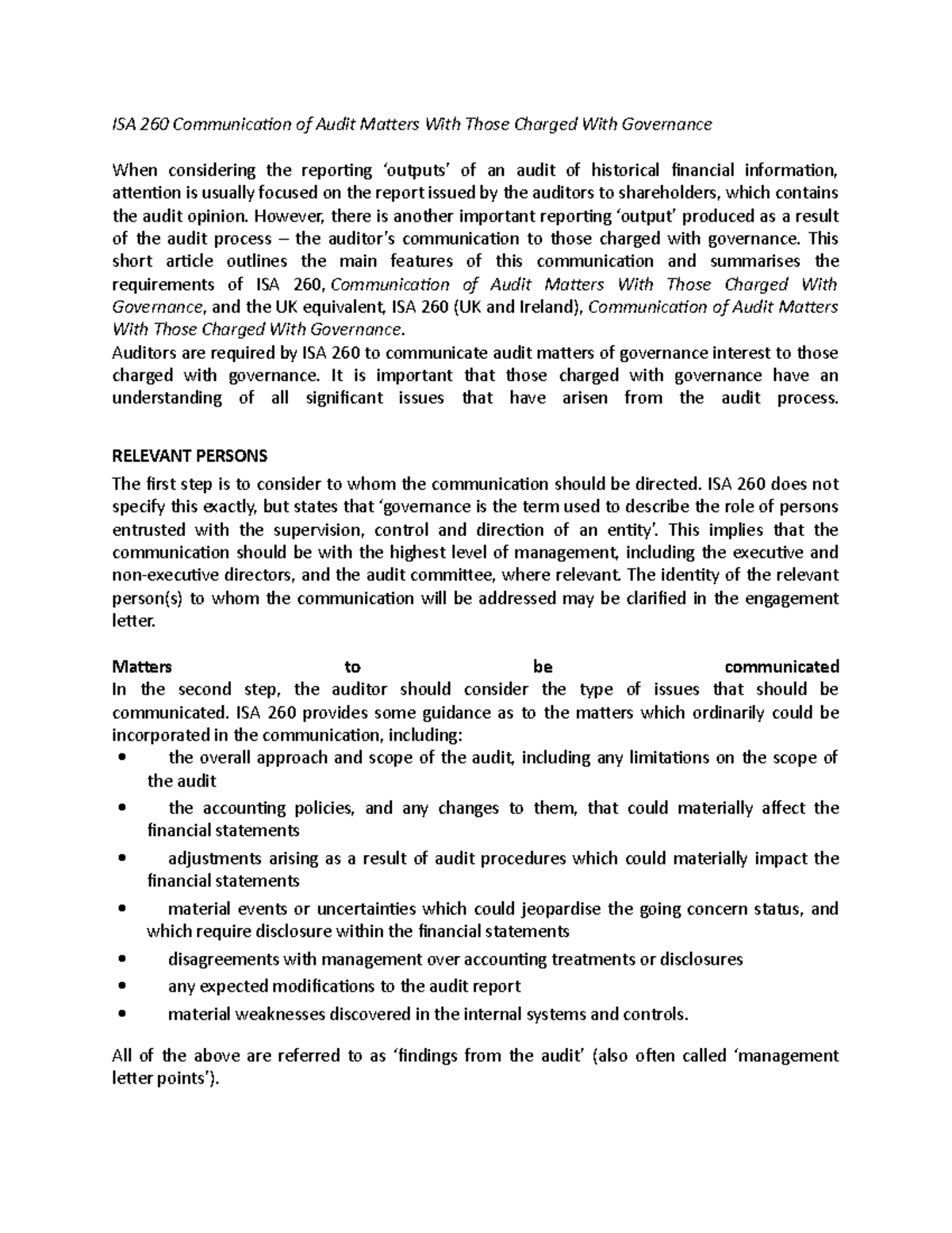 ISA260 Comm with those charged with governance - ISA 260 Communication ...