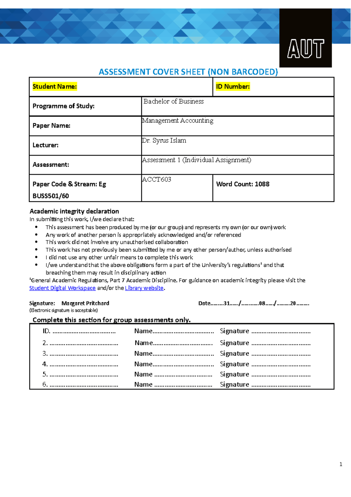 Management - Practical assignment for this course - ASSESSMENT COVER ...