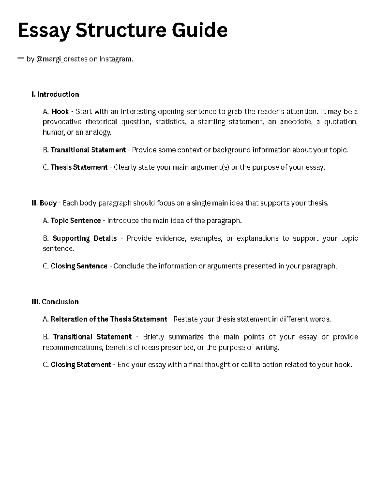 Essay Structure Guide - I. Introduction A. Hook - Start with an ...