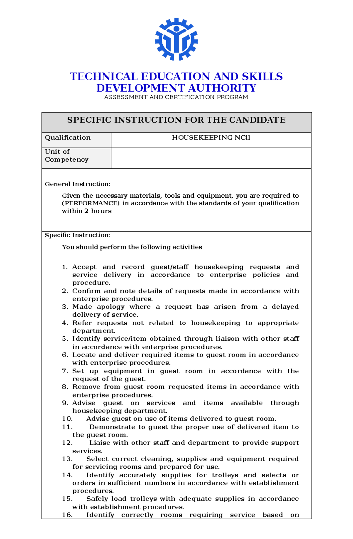 Tesda Forms for Demo Activity - TECHNICAL EDUCATION AND SKILLS ...