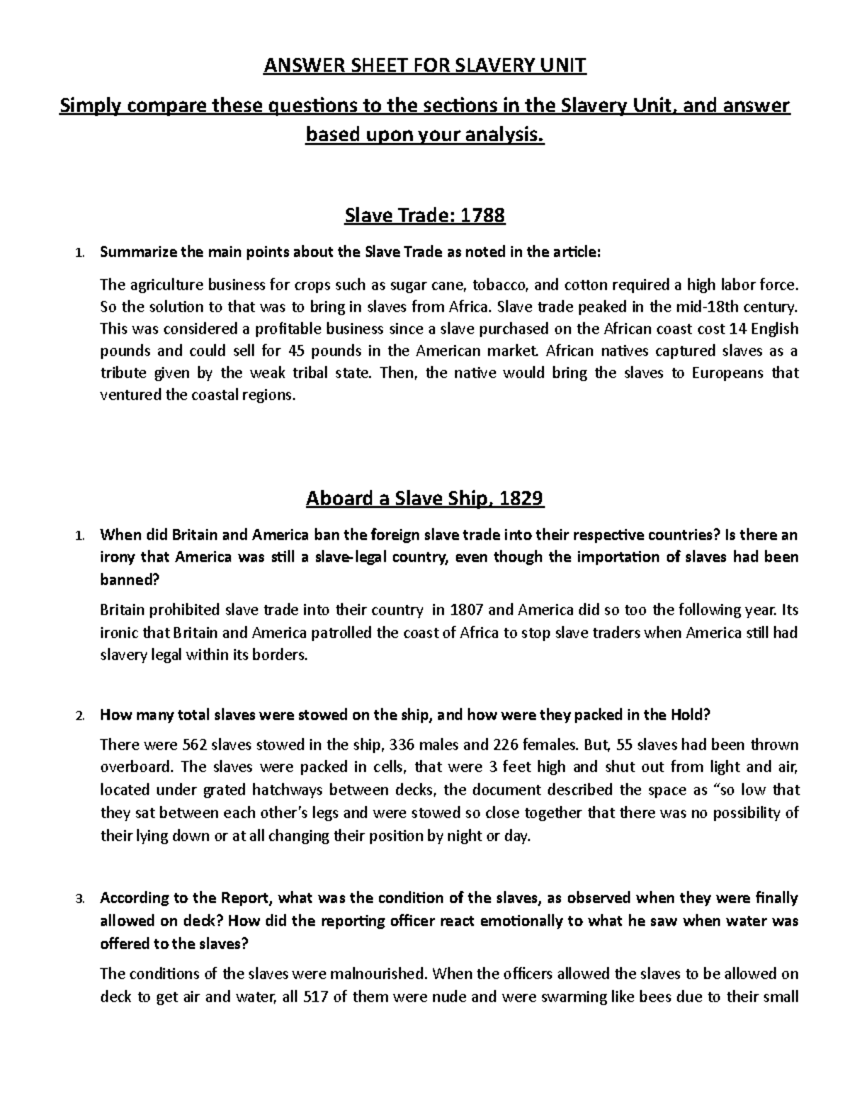 Slavery Practice sutyd guide Sheet - ANSWER SHEET FOR SLAVERY UNIT ...