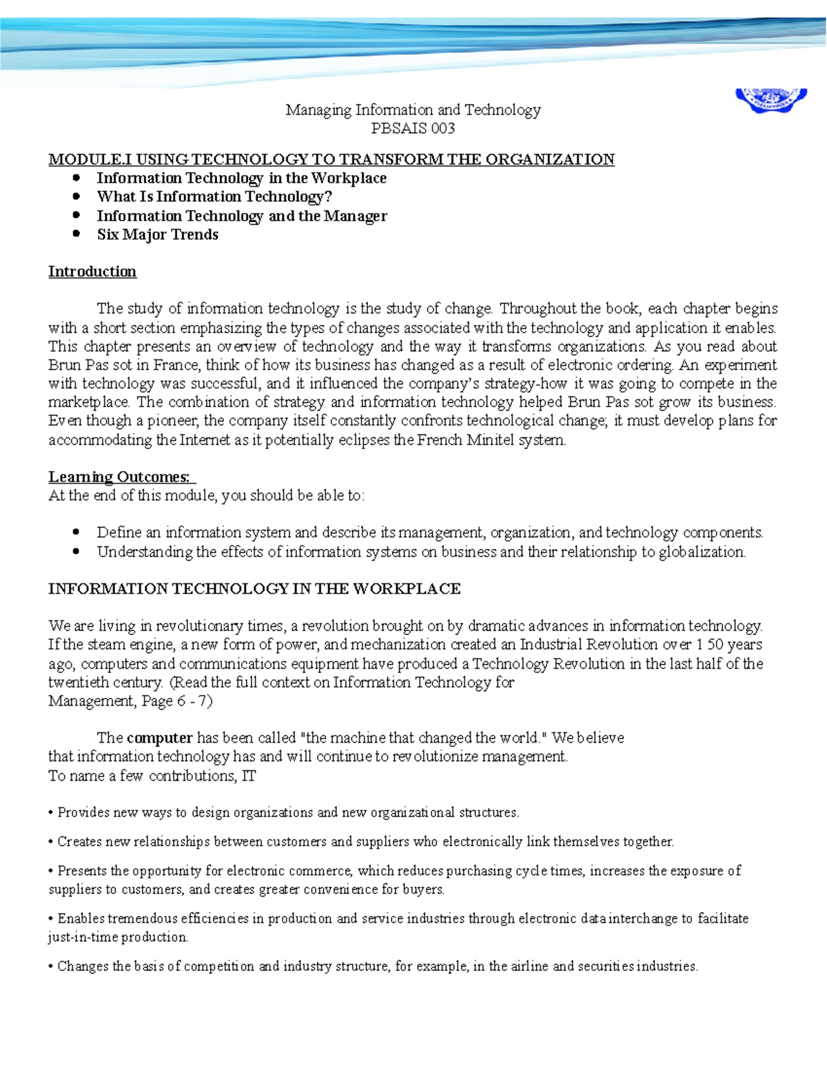 Module I - 123 - Managing Information and Technology PBSAIS 003 MODULE ...