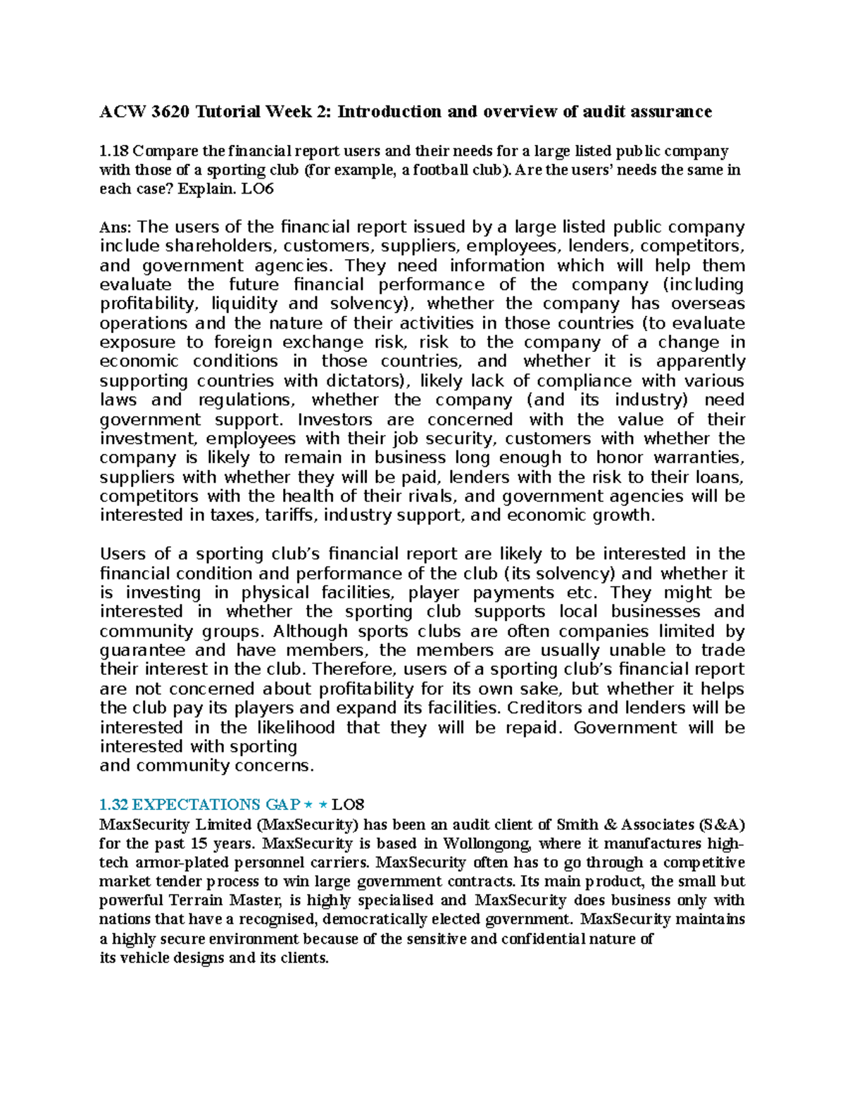 ACW 3620 Tutorial Week 2 - ACW 3620 Tutorial Week 2: Introduction and overview of audit ...