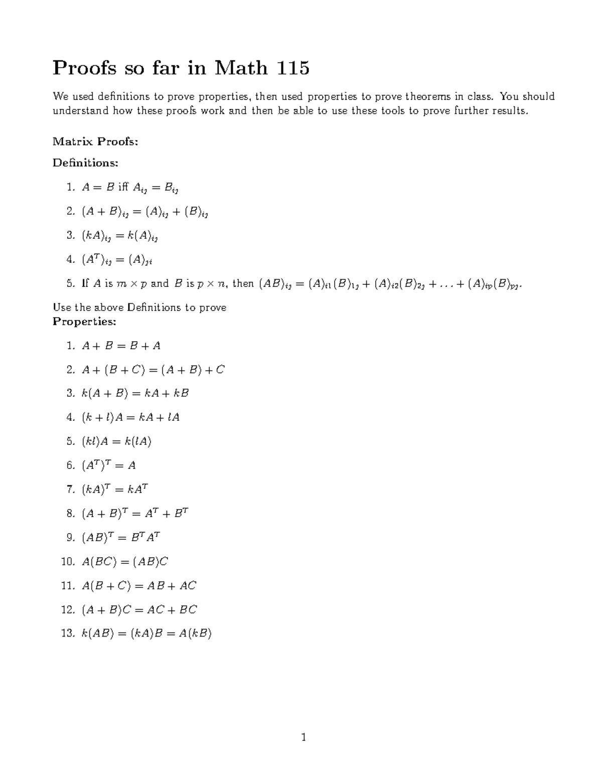 Proofs - Study reference - Proofs so far in Math 115 We used ...