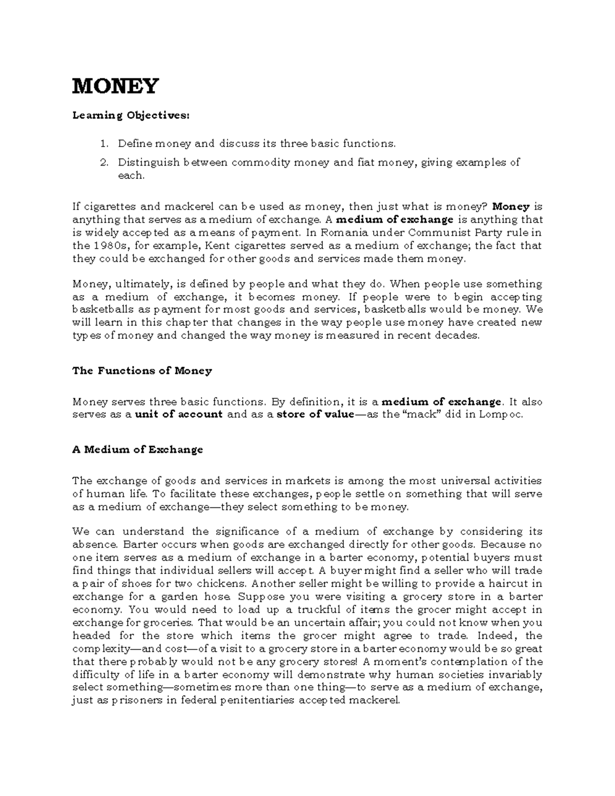 Money - basic finance - MONEY Learning Objectives: 1. Define money and ...